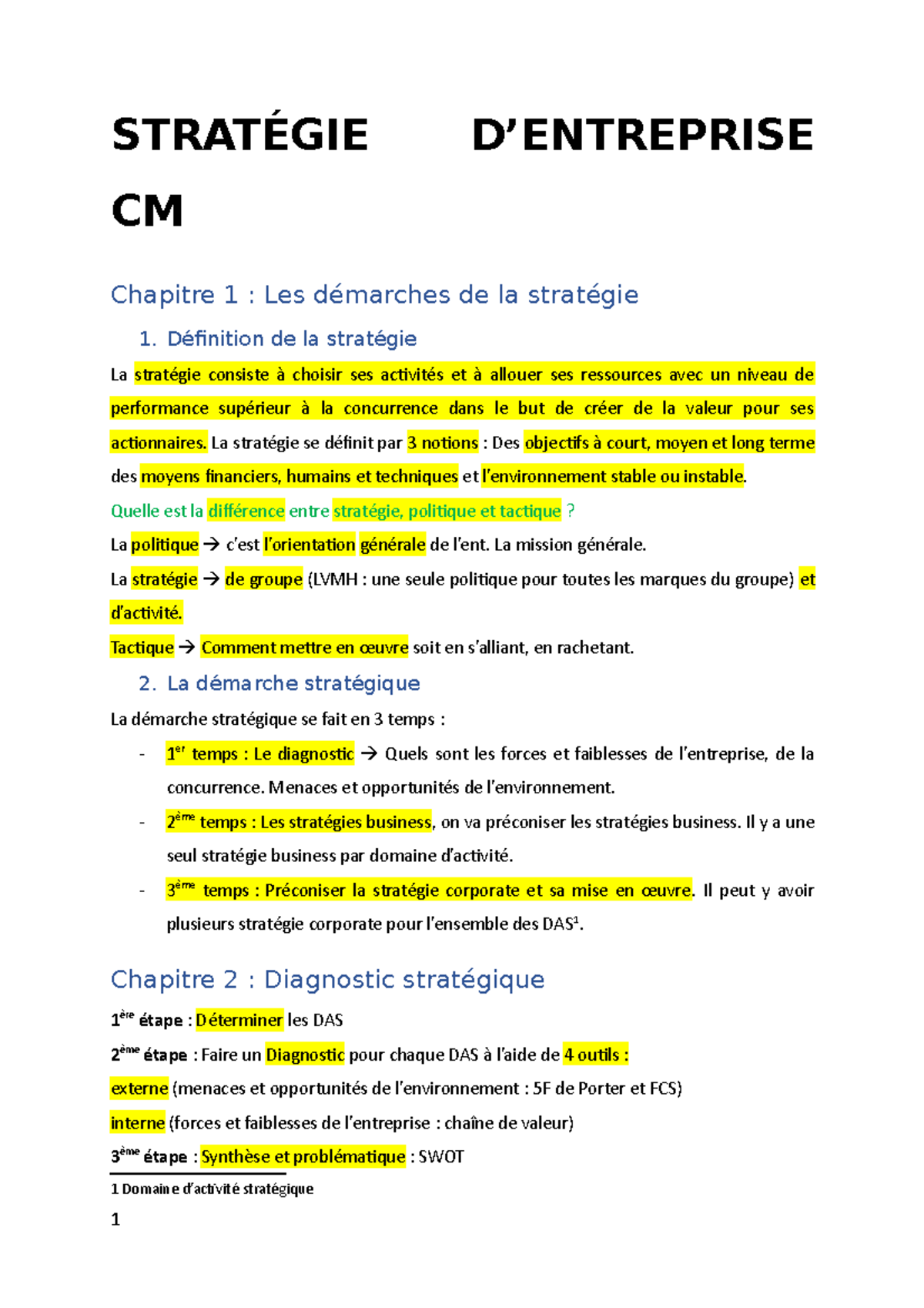 StrateìGIE D' Entreprise CM - STRATÉGIE D’ENTREPRISE CM Chapitre 1 : Les démarches de la ...