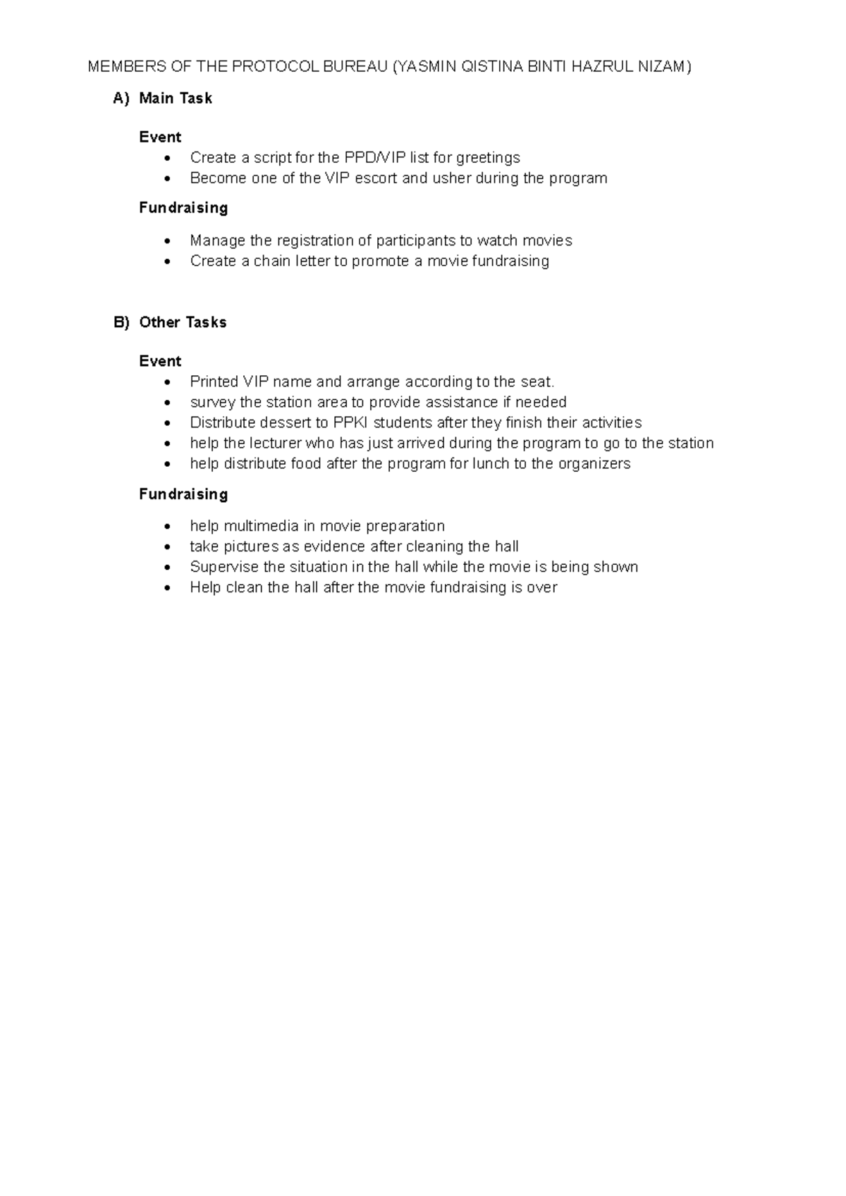 Members OF THE Protocol Bureau - MEMBERS OF THE PROTOCOL BUREAU (YASMIN QISTINA BINTI HAZRUL ...