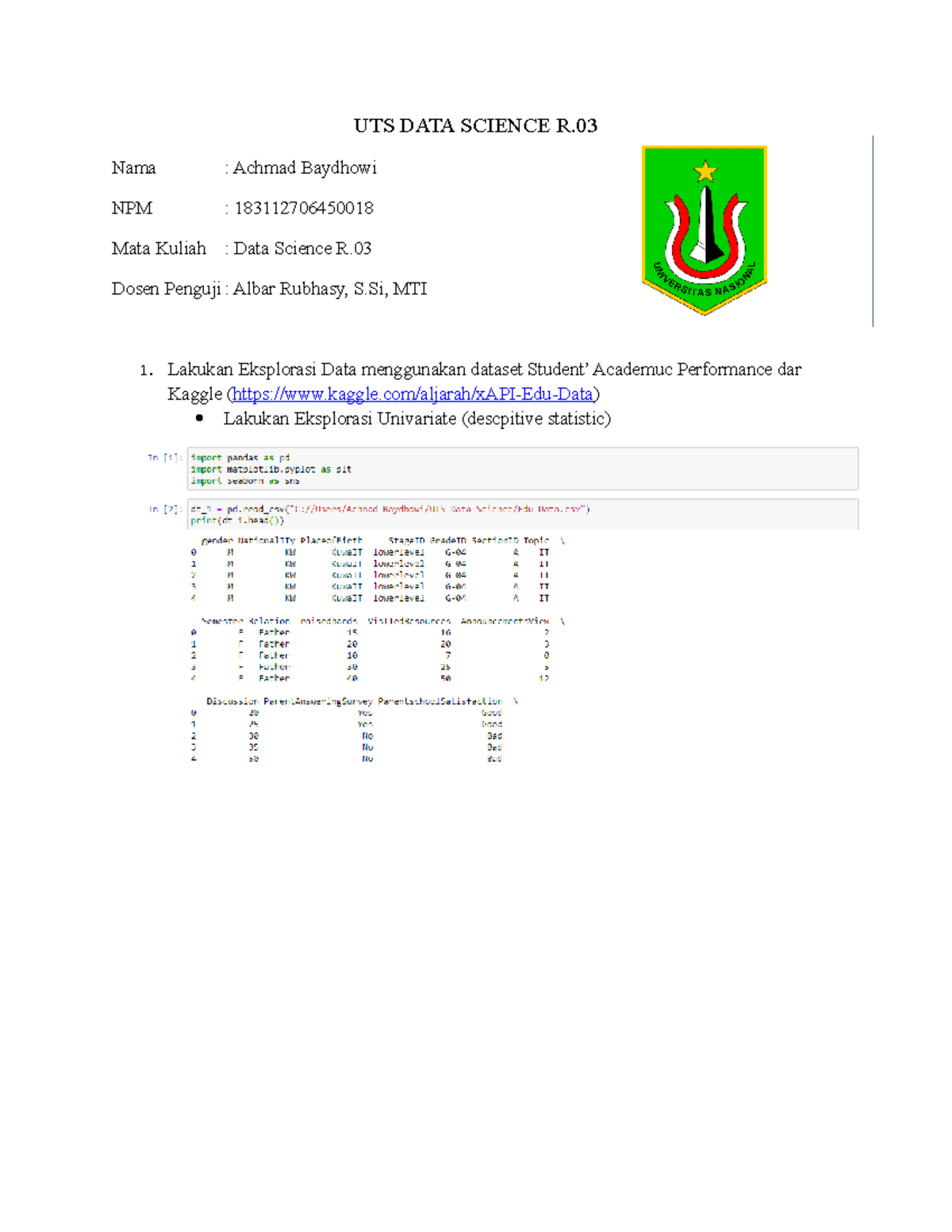 UTS DATA Science - UTS DATA SCIENCE R. Nama : Achmad Baydhowi NPM : 183112706450018 Mata Kuliah ...
