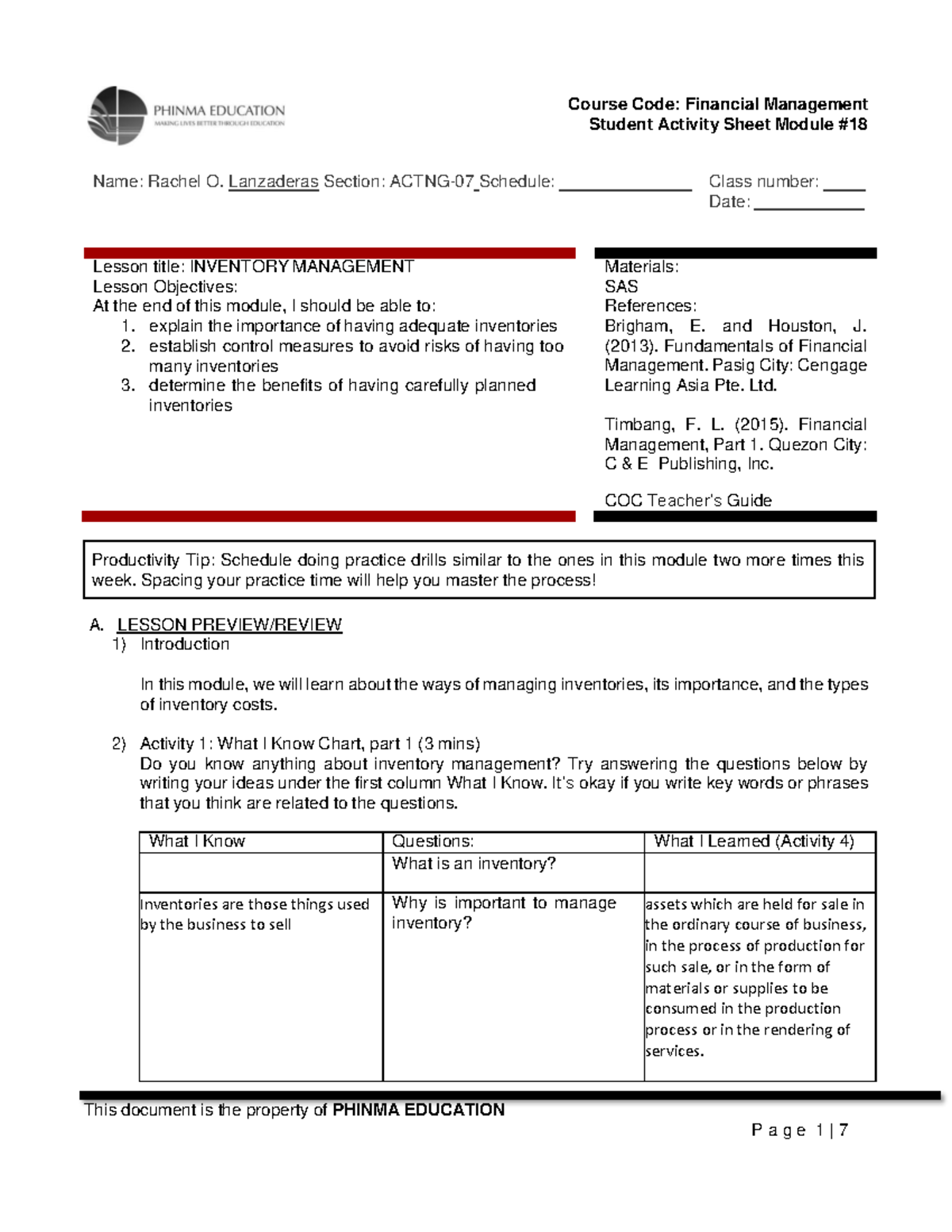 FIN 081 SAS 18 - N/A - Student Activity Sheet Module # This document is ...