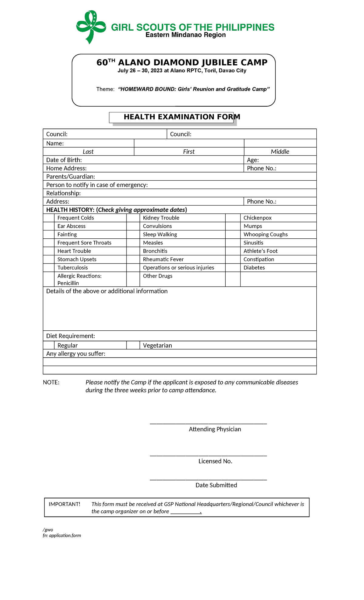 Health-Form - A SHORT HEALTH FORM - 60 TH ALANO DIAMOND JUBILEE CAMP ...
