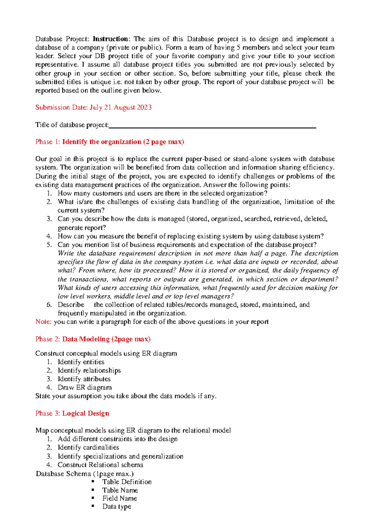 DB Systems Project Instruction 2023 Summer - Database Systems - Studocu