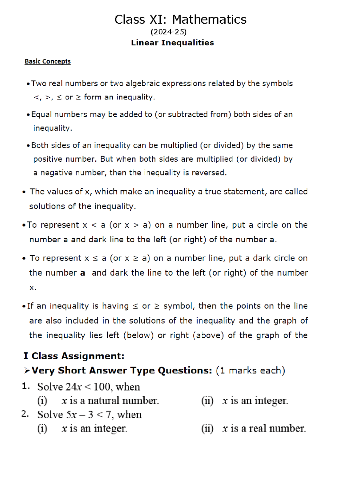 Linear Inequalitiess XI - Class XI: Mathematics Linear Inequalities Basic Concepts Two real ...