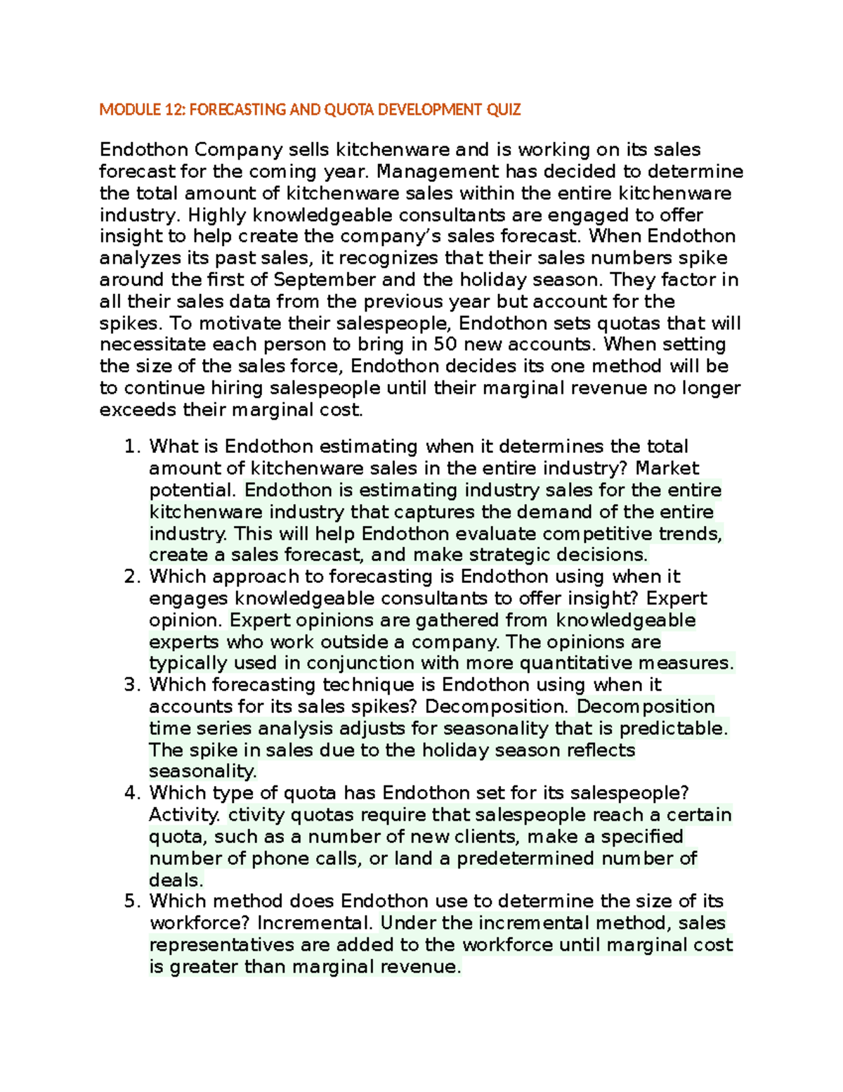 Module 12 Quiz - MODULE 12: FORECASTING AND QUOTA DEVELOPMENT QUIZ ...