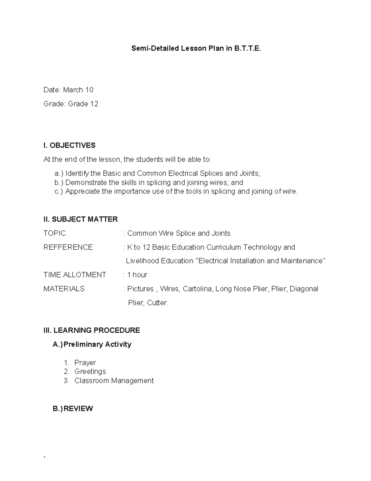 Dineros Lesson PLAN - electrical - Semi-Detailed Lesson Plan in B.T.T ...