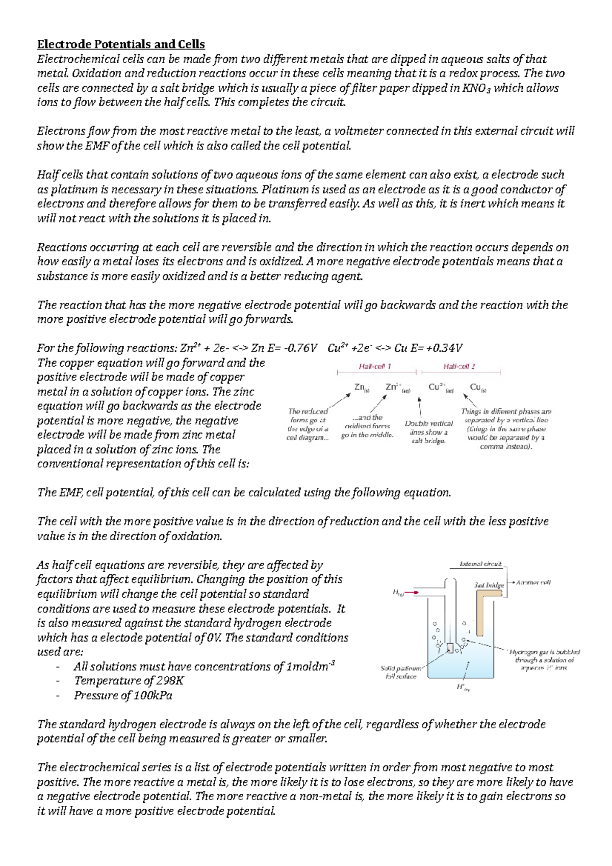 Electrode Potentials and Cells Notes - Studocu