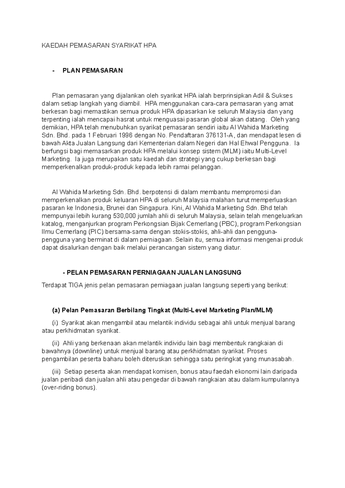 Kaedah Pemasaran Syarikat HPA - KAEDAH PEMASARAN SYARIKAT HPA - PLAN ...