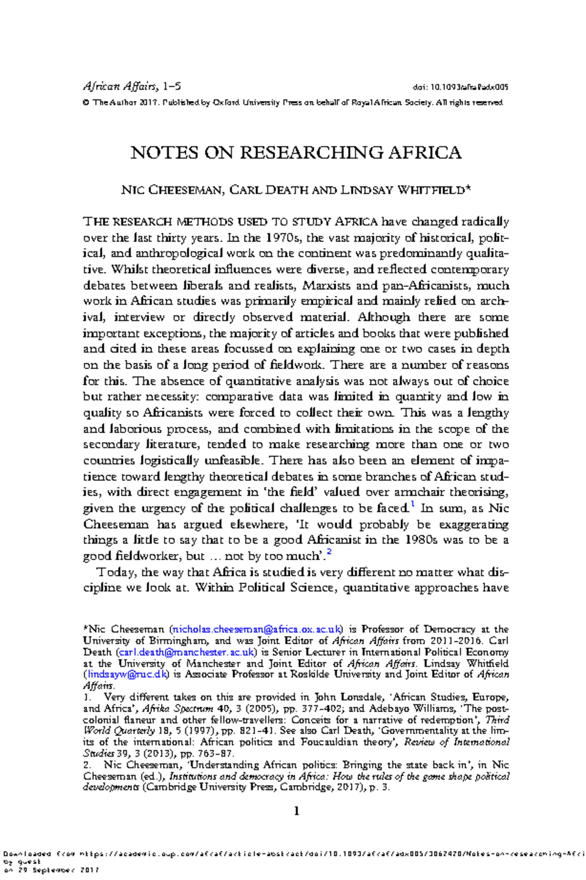 Research in Africa CSO 302 notes - African Affairs, 1 – 5 doi: 10/afraf ...