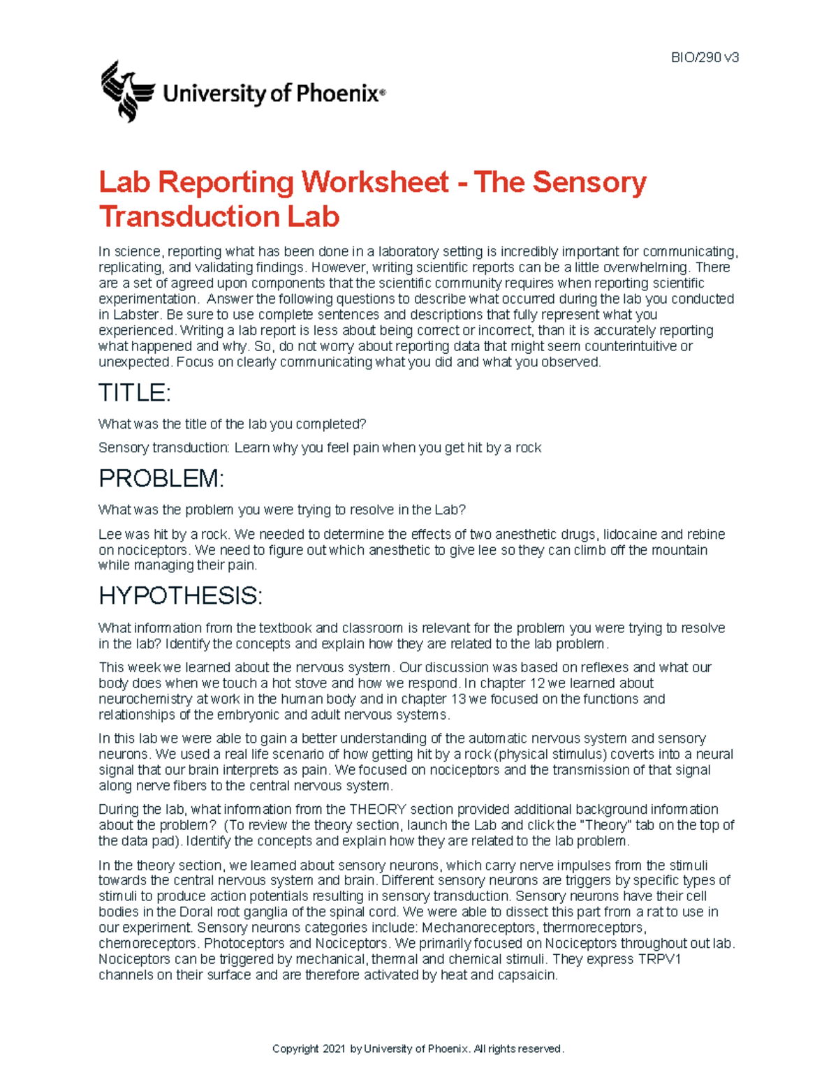 Bio290 v3 wk6 the sensory transduction lab - BIO/290 v Lab Reporting ...