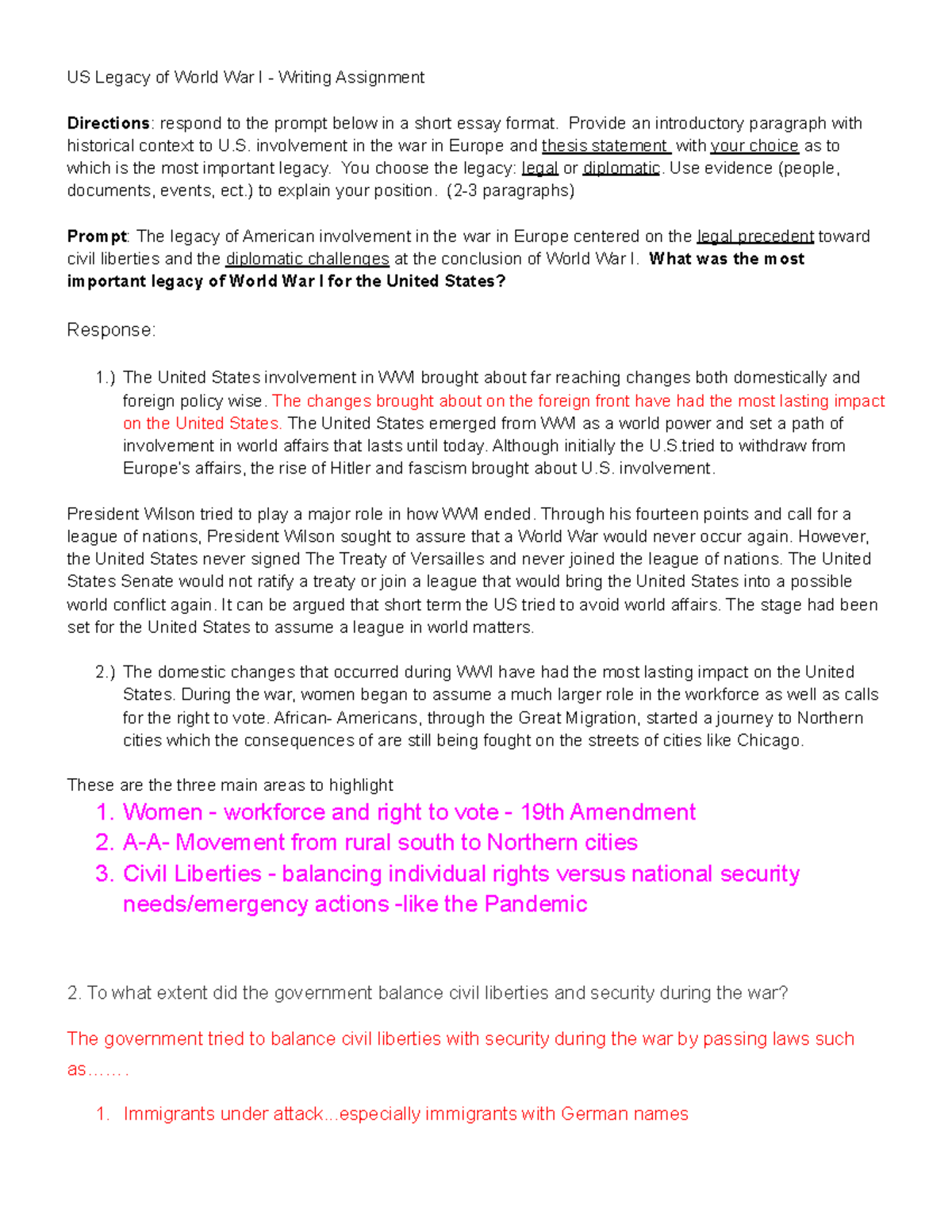 Q4 History Lecture Notes - US Legacy of World War I - Writing ...