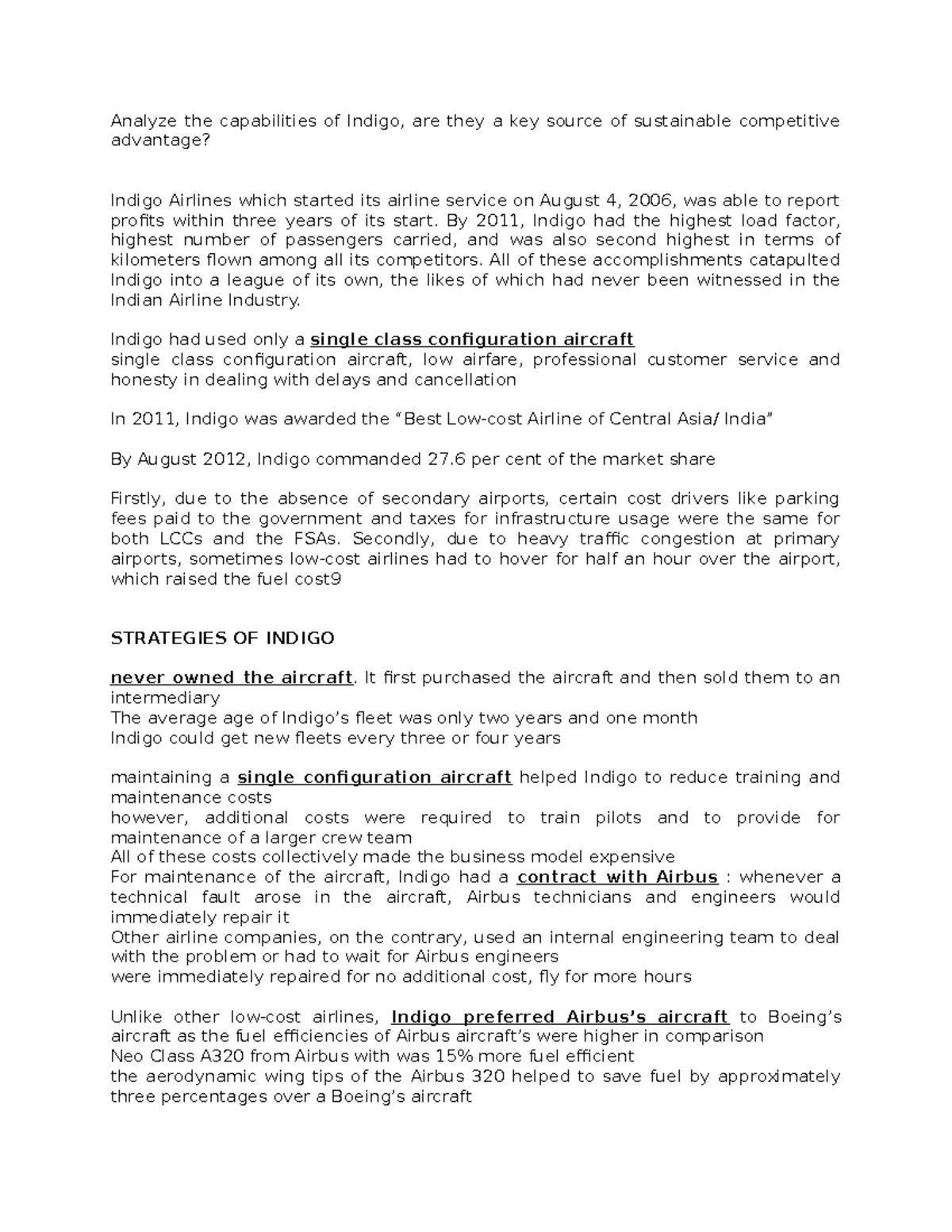 Sum up - Indigo Case - Analyze the capabilities of Indigo, are they a ...