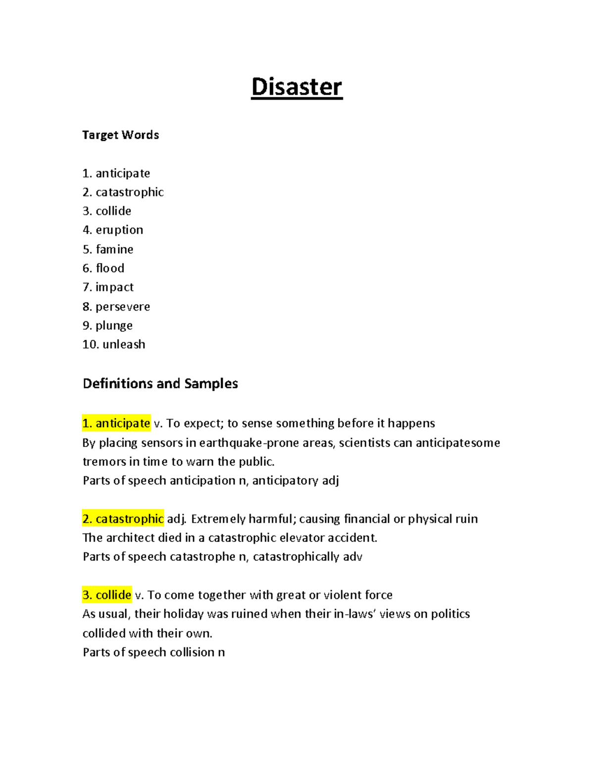 Disaster Vocabulary Toefl - Disaster Target Words anticipate ...