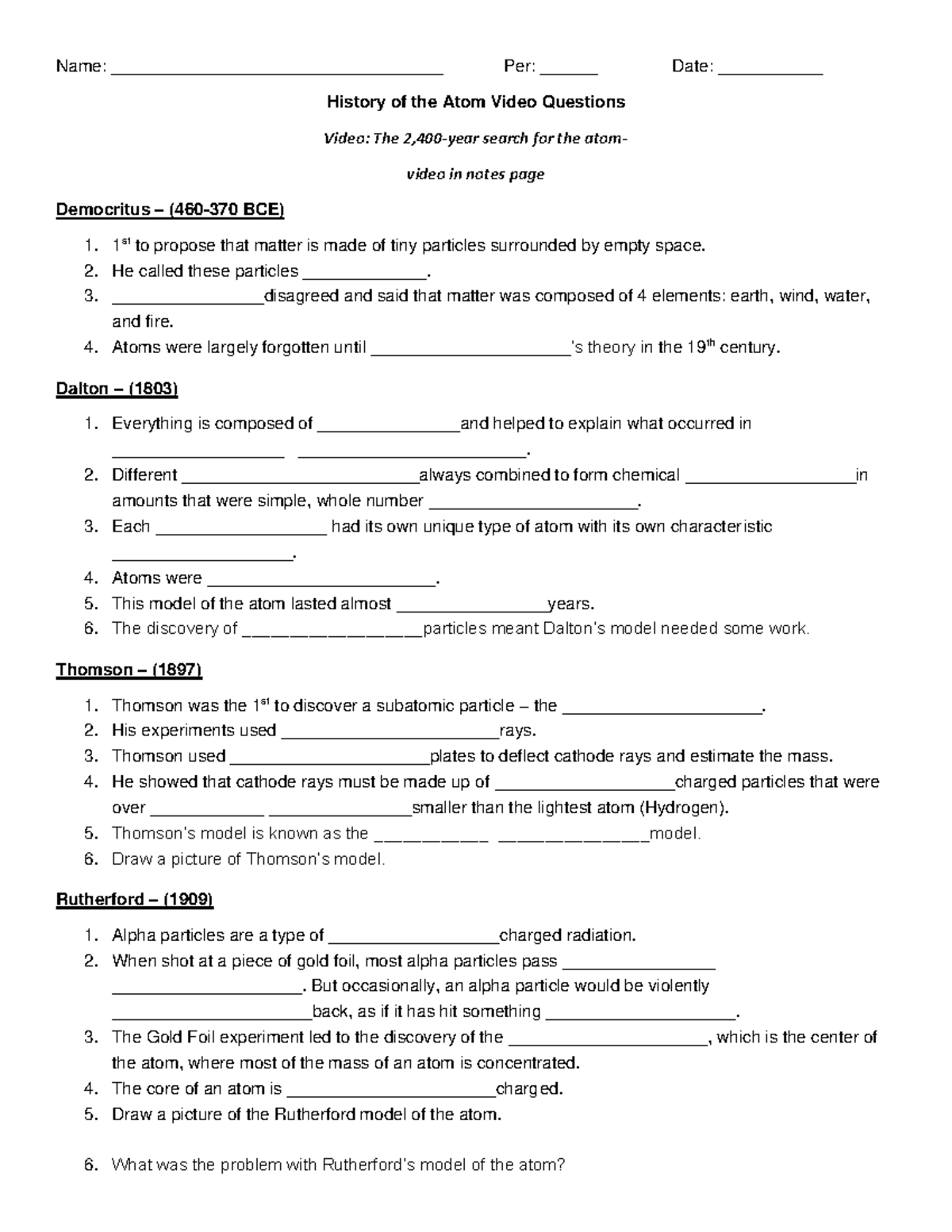Review historyoftheatom hand out - Name ...