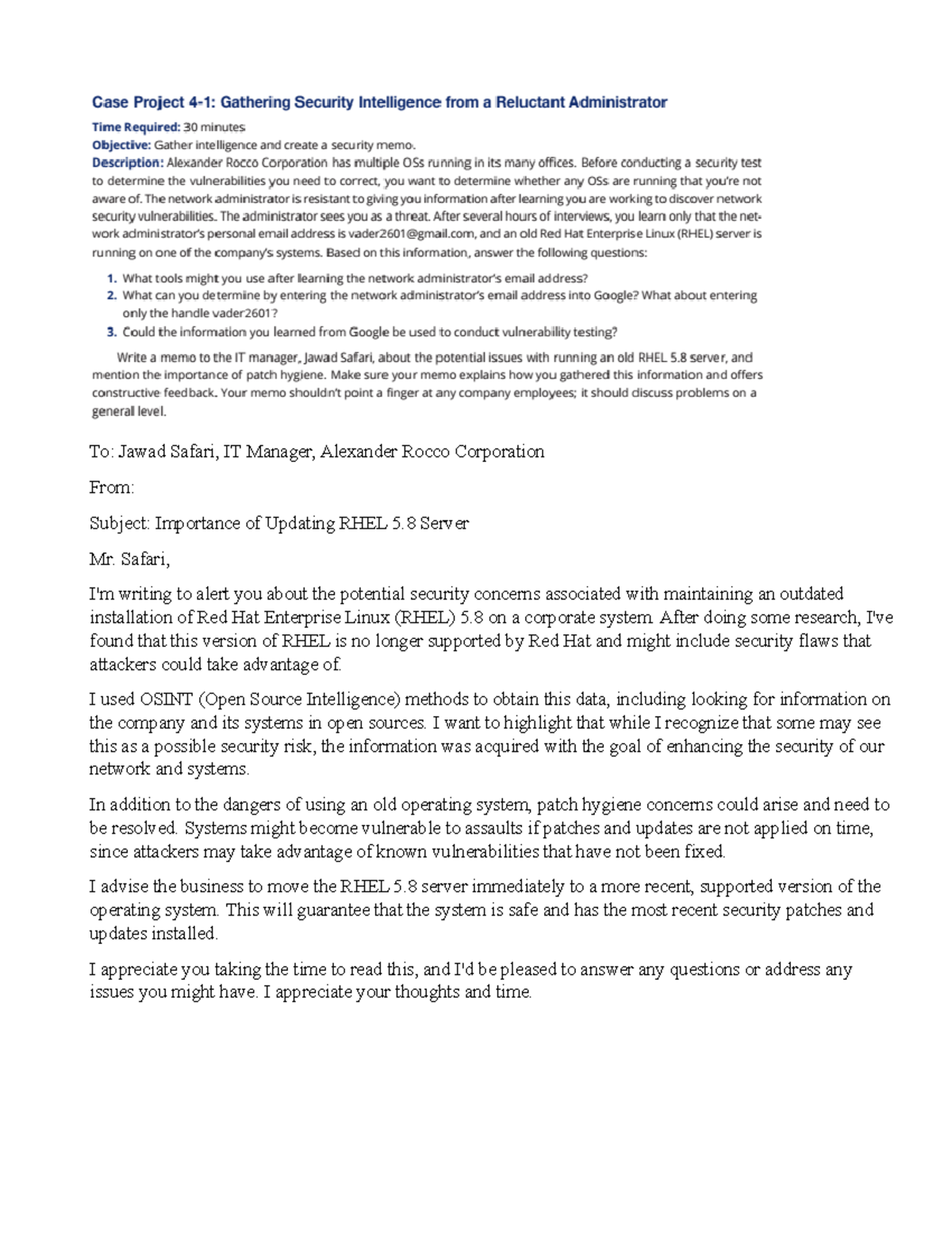 Module 4 Case Project 4-1 - To: Jawad Safari, IT Manager, Alexander Rocco Corporation From ...