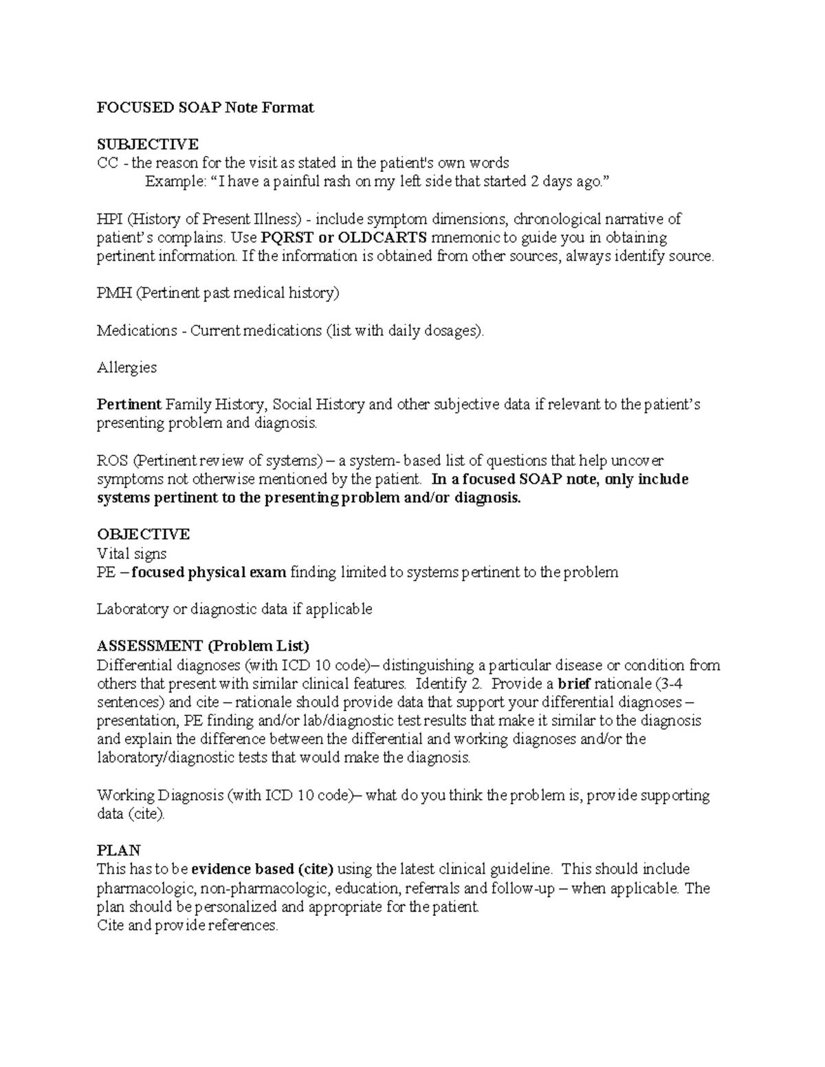 Focused SOAP Guide - SOAP - FOCUSED SOAP Note Format SUBJECTIVE CC ...