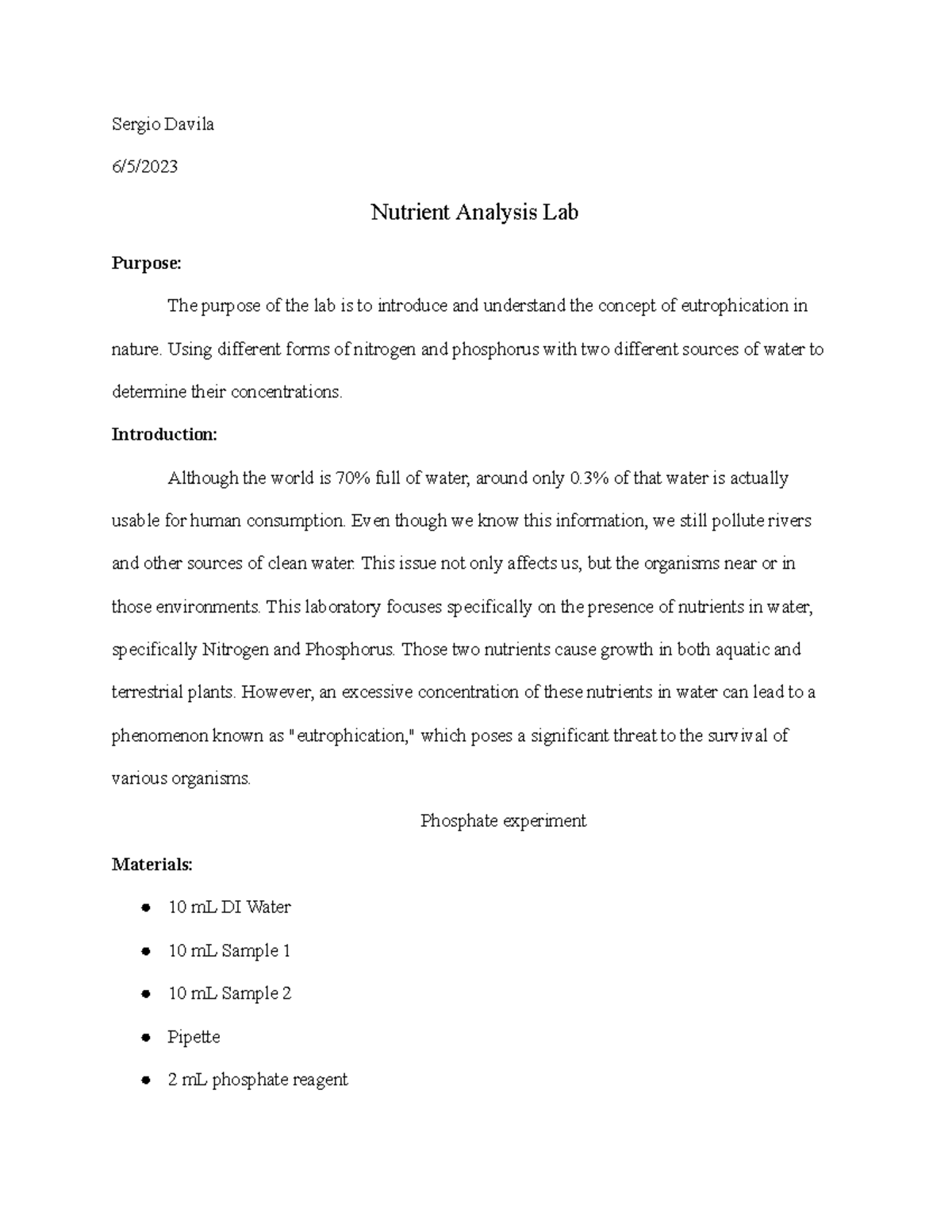 Nutrient Analysis Lab - Some classwork - Sergio Davila 6/5/ Nutrient ...