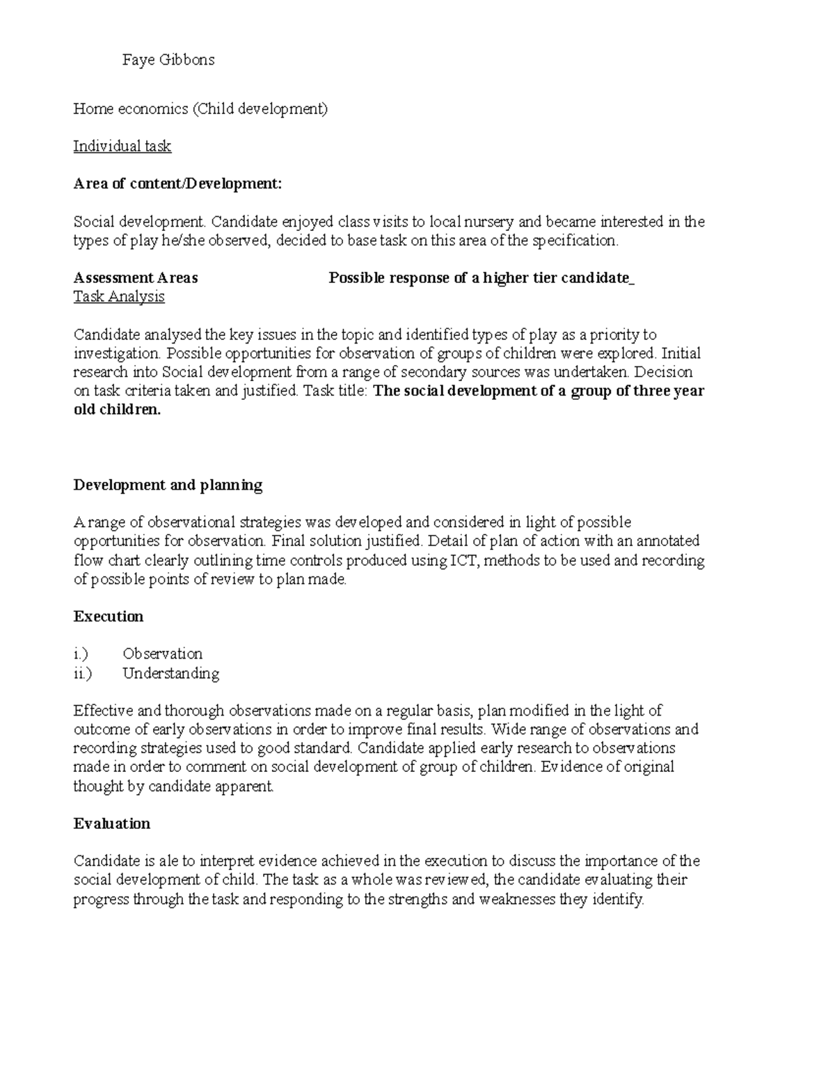 Individual task sheet - Faye Gibbons Home economics (Child development ...