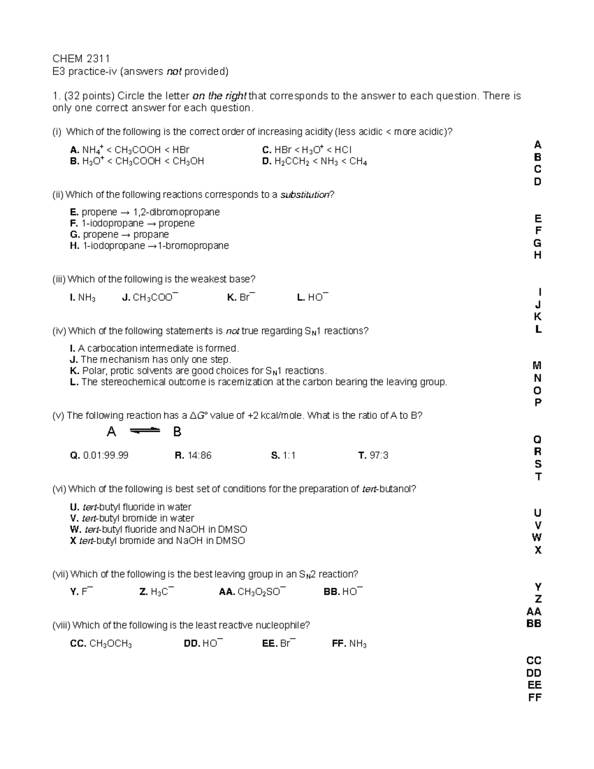 Practice Exam 3 D - CHEM 2311E3 practice-iv (answers not provided) 1 ...
