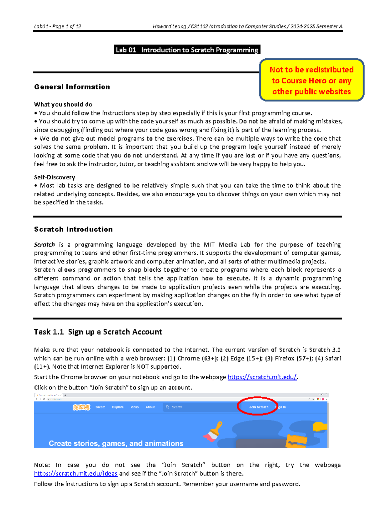 CS1102-Lab01 - Lab - Lab 01 Introduction to Scratch Programming General Information What you ...