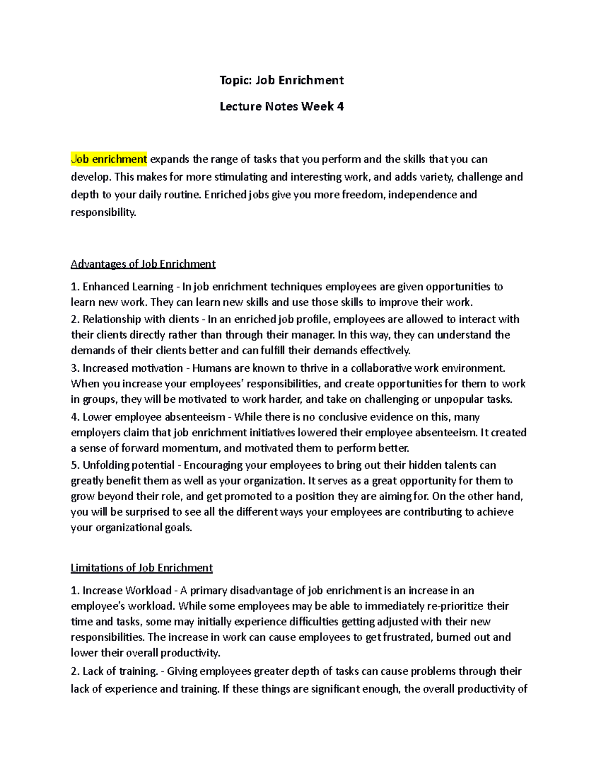 Job Enrichment in Management - Topic: Job Enrichment Lecture Notes Week ...