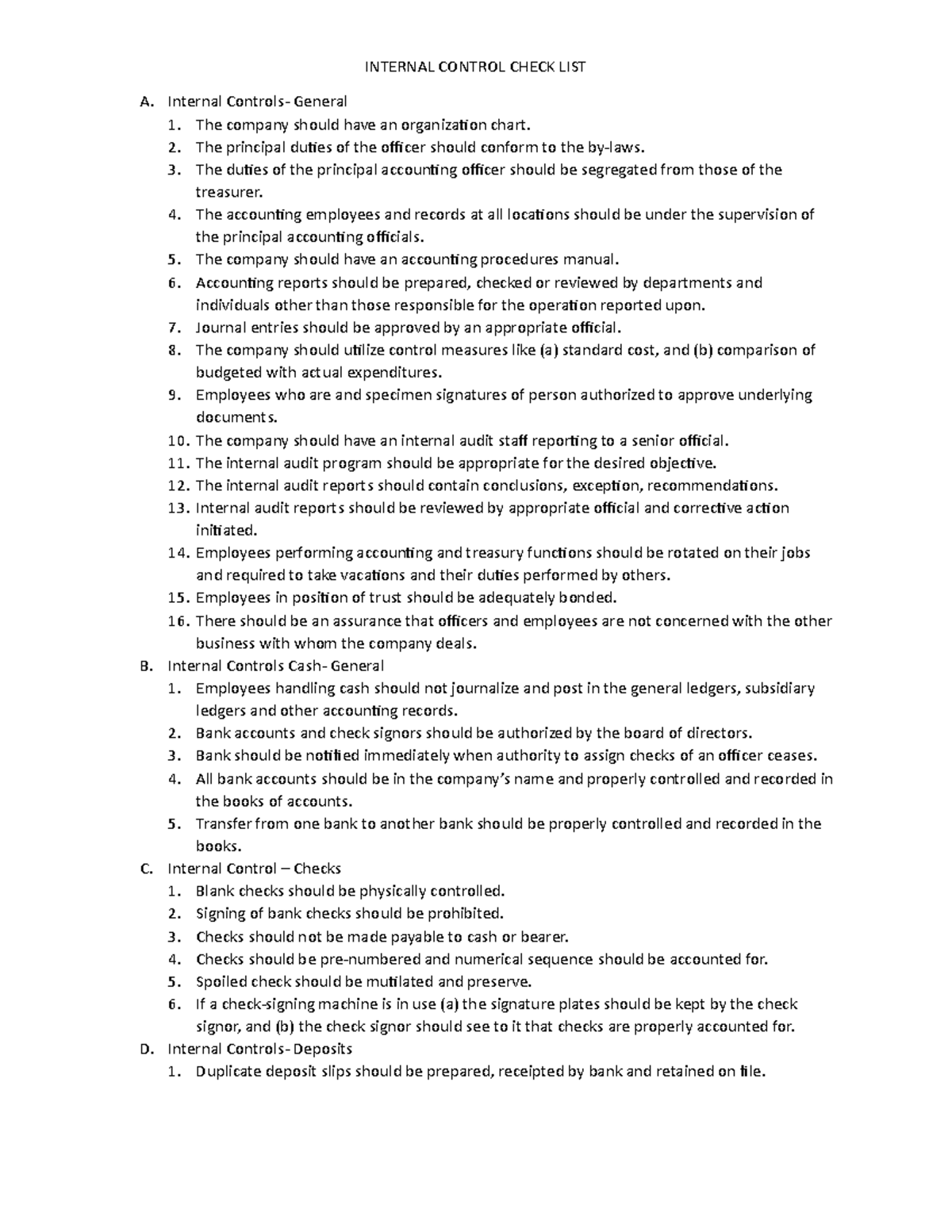 Internal Control Check LIST 1 - INTERNAL CONTROL CHECK LIST A. Internal ...
