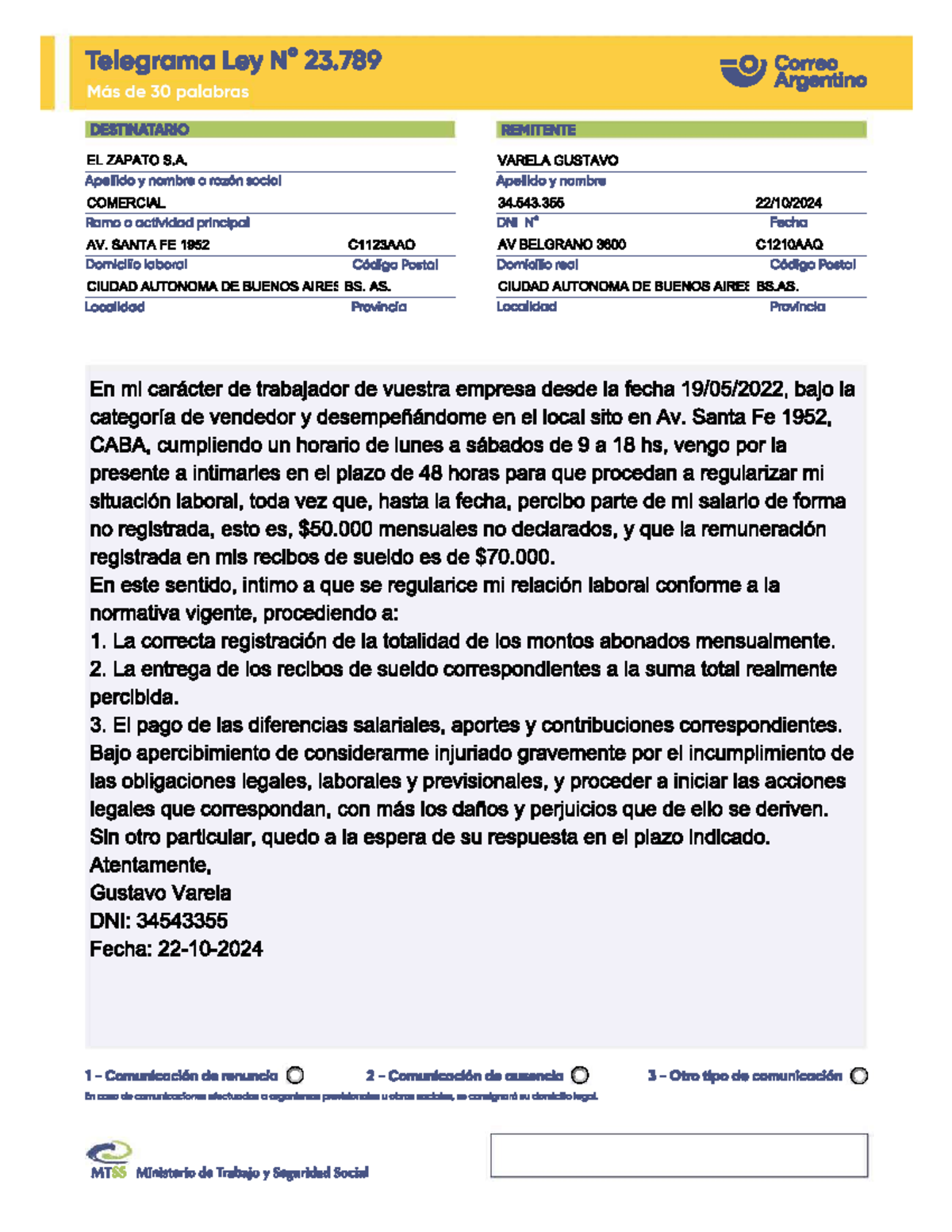 Telegrama LEY 23789 - aprobada - Telegrama Ley 23 Correo Más de 30 ...