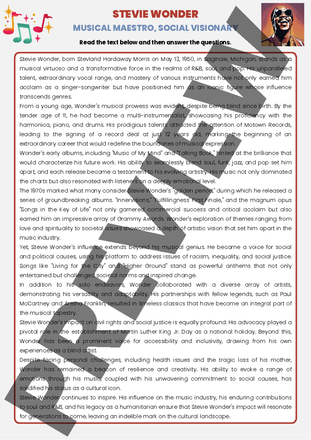 Document - dksdkc - Stevie Wonder, born Stevland Hardaway Morris on May ...