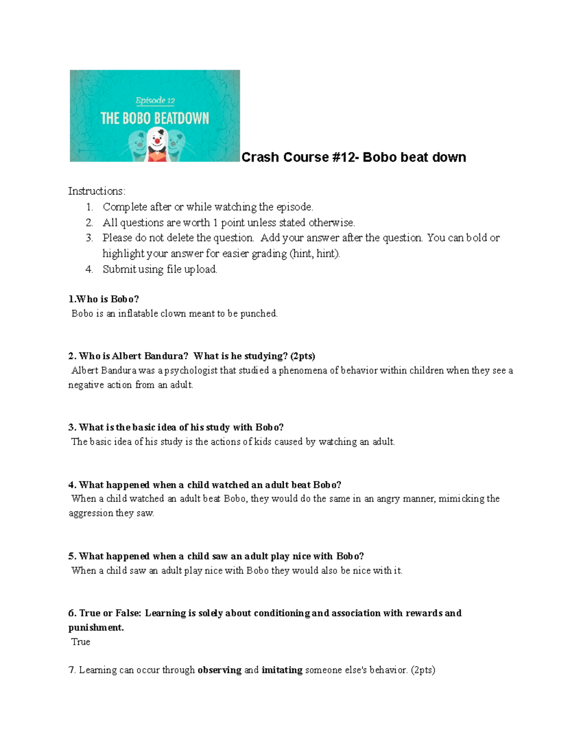 Psychology Crash Course Episode #12 Worksheet - Crash Course #12- Bobo ...