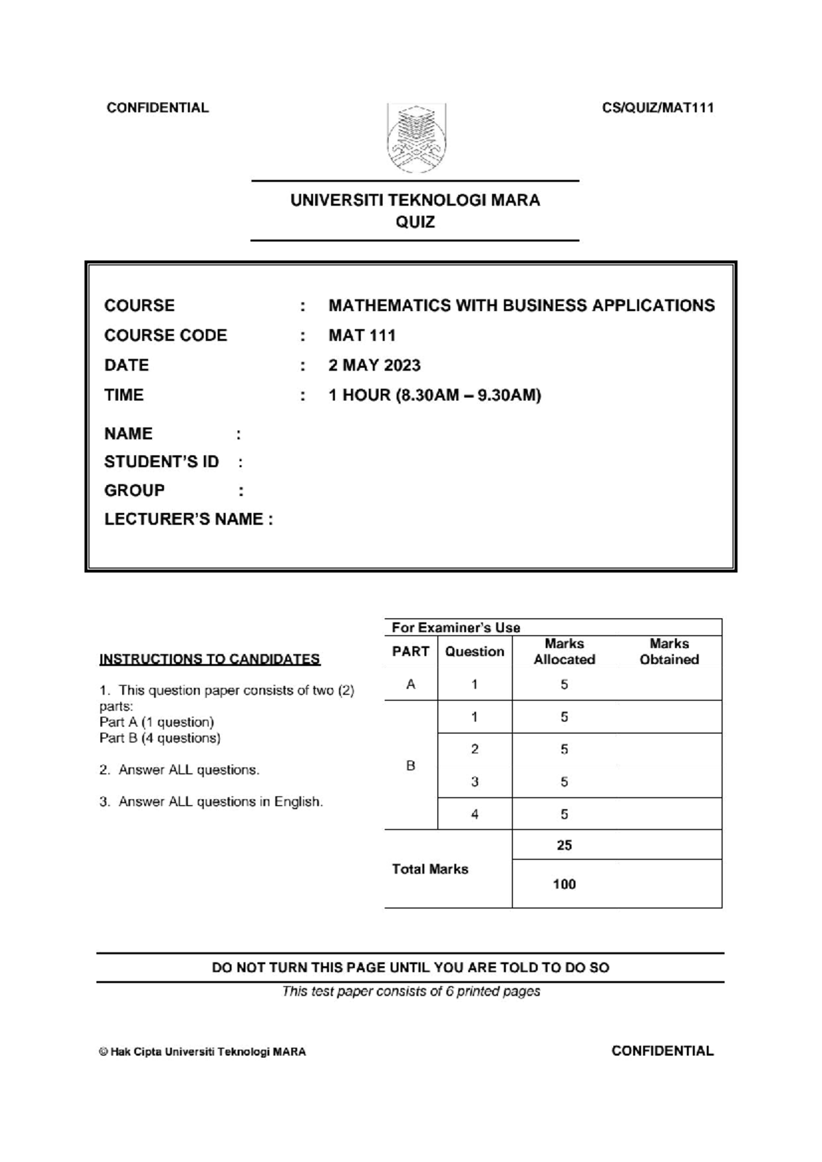 Question QUIZ MAT111 2MAY2023 set R1-1 - CONFIDENTIAL UNIVERSITI TEKNOLOGI MARA QUIZ COURSE ...