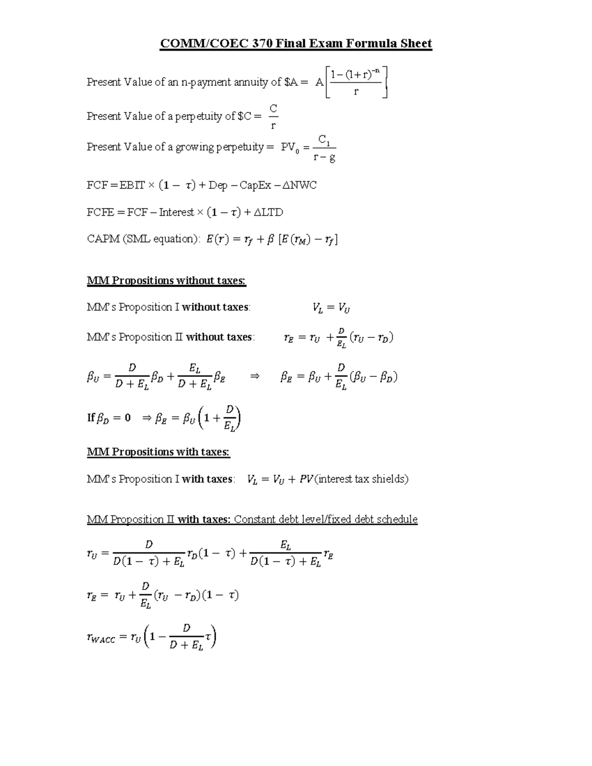 COMM 370 Final Exam Formula Sheet 2021 - COMM/COEC 370 Final Exam ...