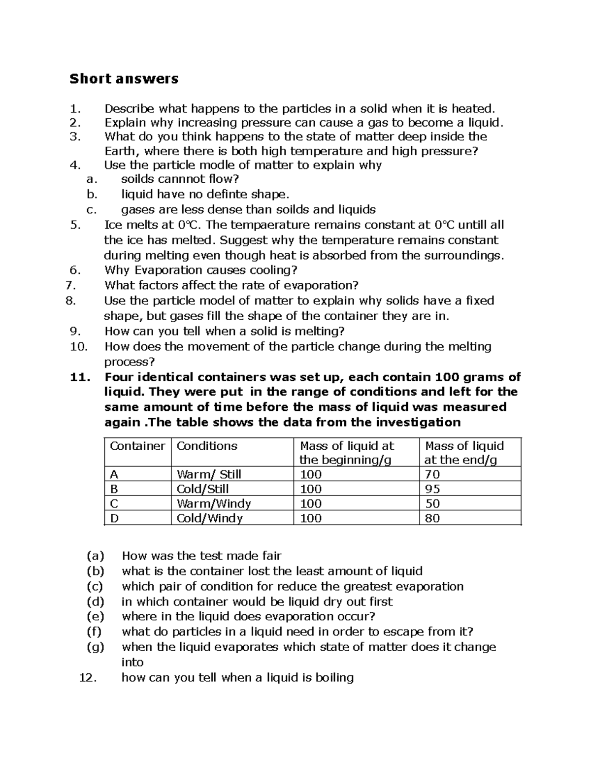 States of Matter worksheet - Short answers Describe what happens to the ...