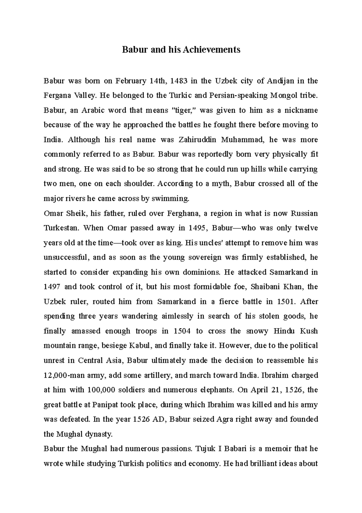 Babur and his Achievements - Babur and his Achievements Babur was born ...