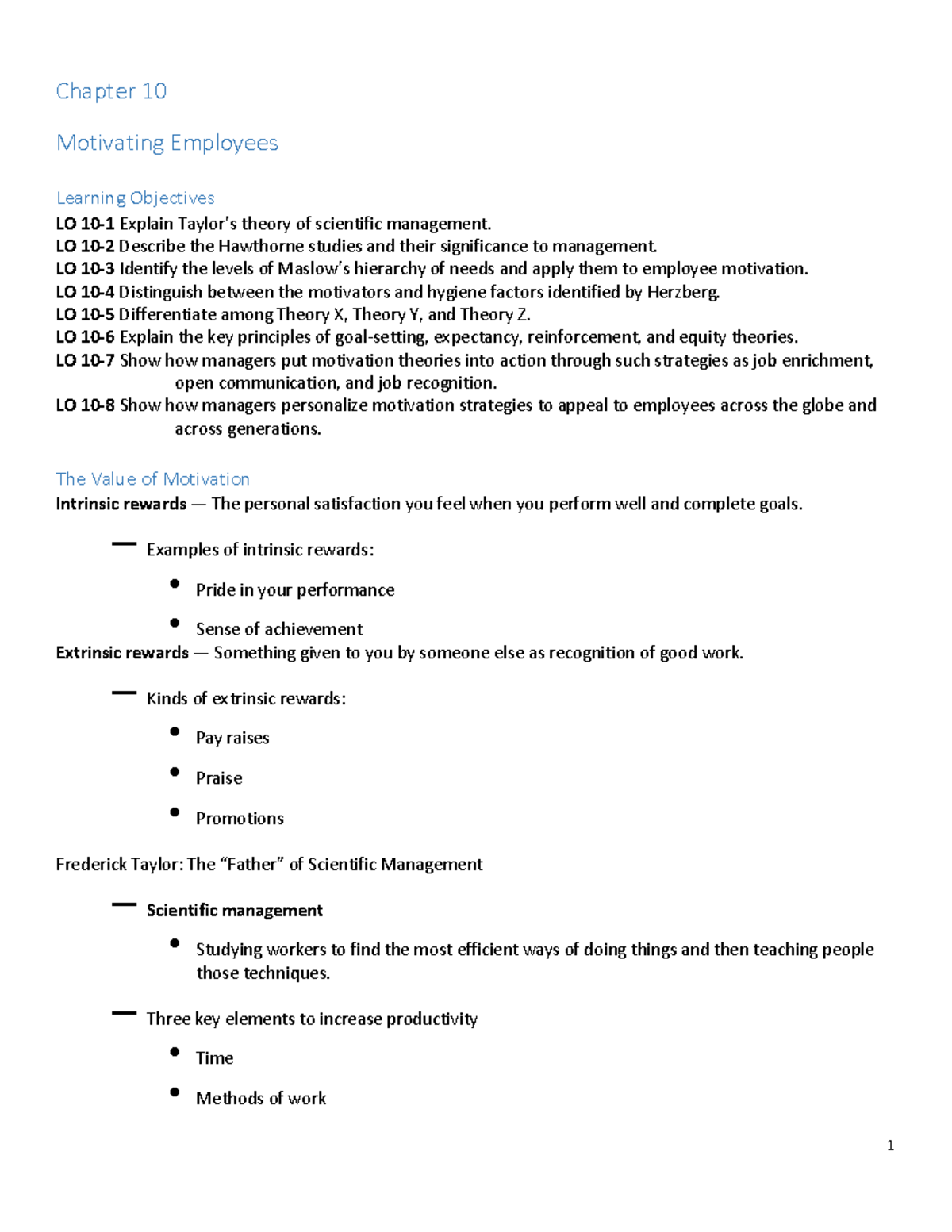 BUS9 Chapter 10 Outline - Chapter 10 Motivating Employees Learning ...