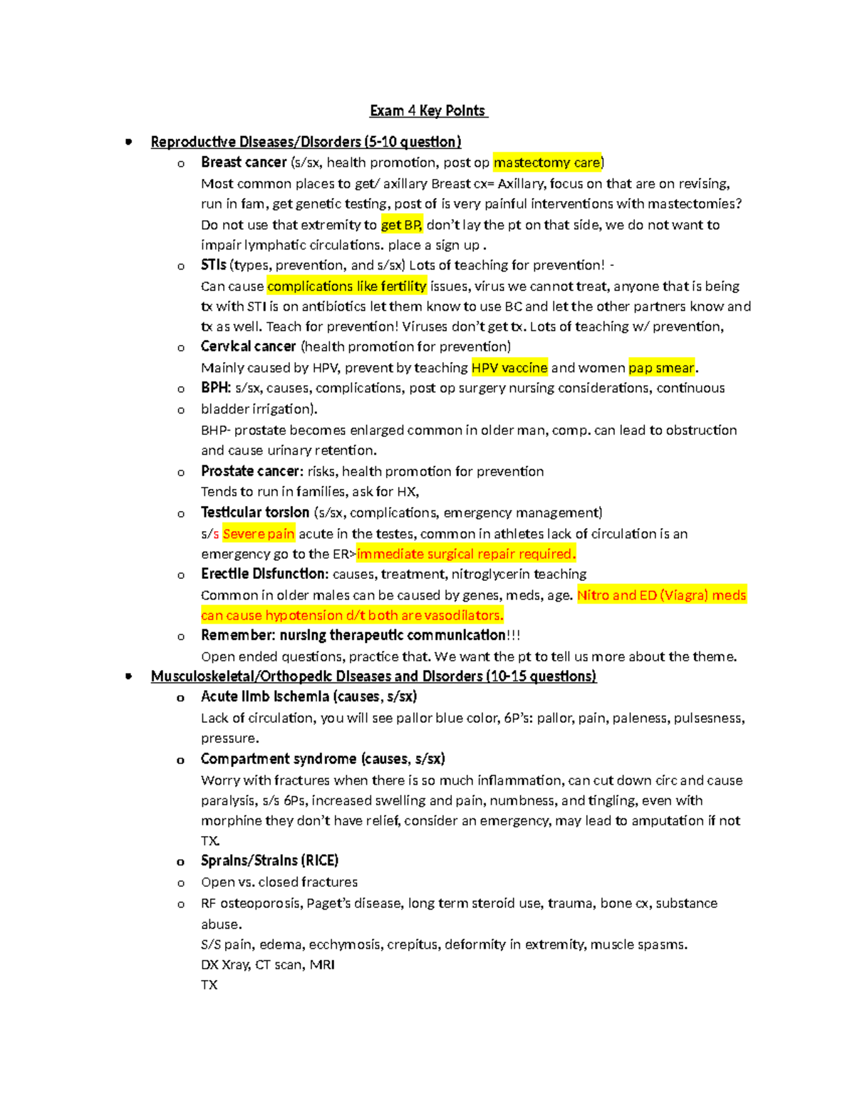 MS Exam 4 Key Points - Summary Medical Surgical Nursing II With ...