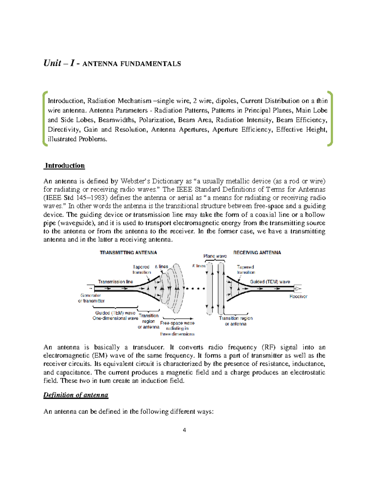 Antenna Fundamentals Antenna Theory Notes Unit 1 Part 2 Unit I Antenna Fundamentals 
