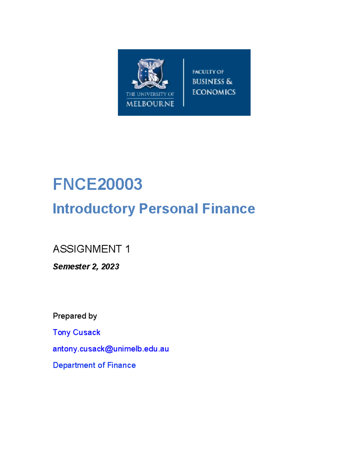 FNCE20003 Assignments 2023 - FNCE Introductory Personal Finance ...