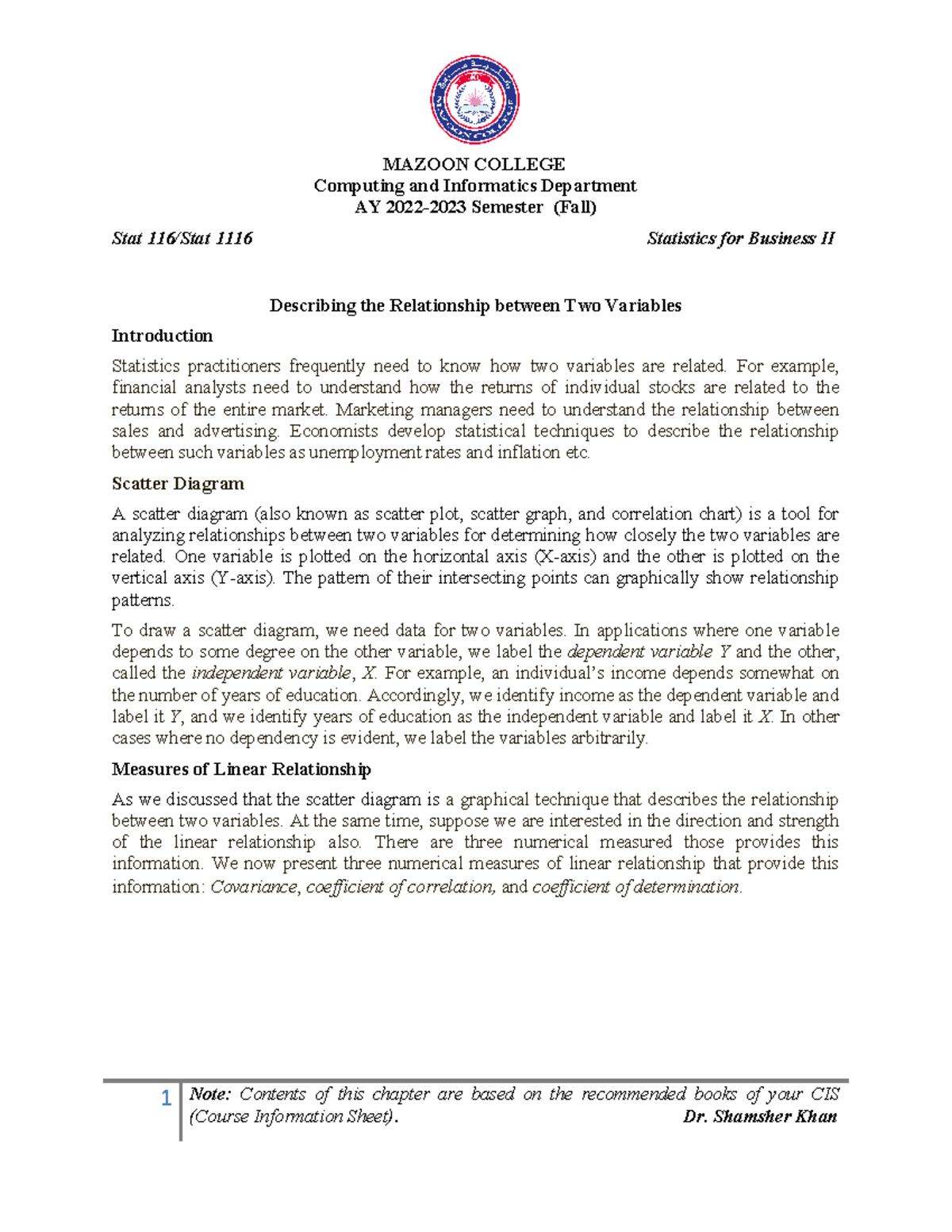 Chapter 3-Correlation and Regression Analysis - Computing and Informatics Department AY 2022 ...