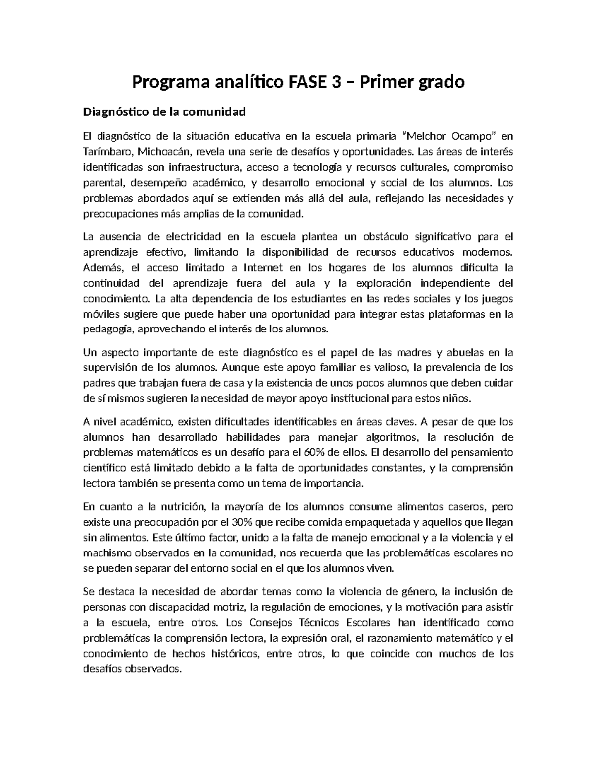 Programa analítico FASE 3 - primer grado - Programa analítico FASE 3 – Primer grado Diagnóstico ...