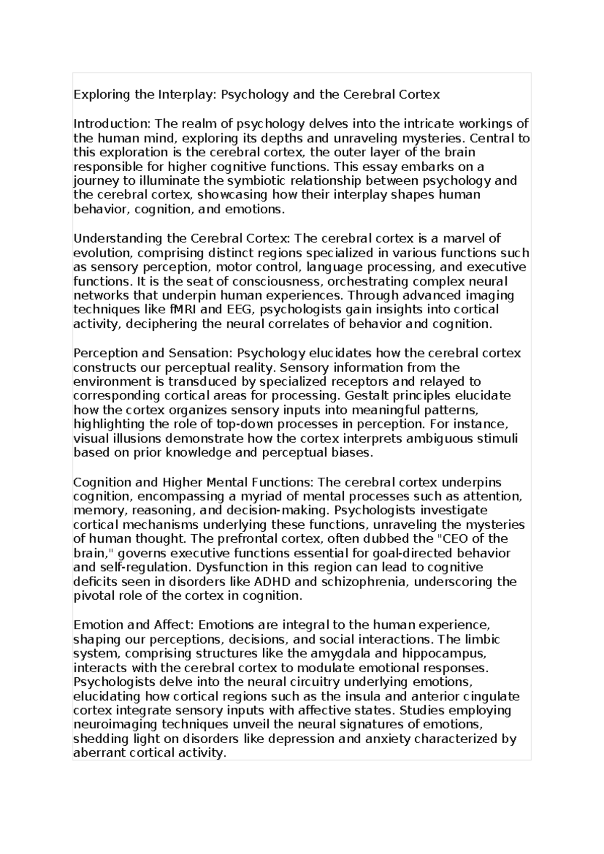 Pscyhology essay 1 - Exploring the Interplay: Psychology and the ...