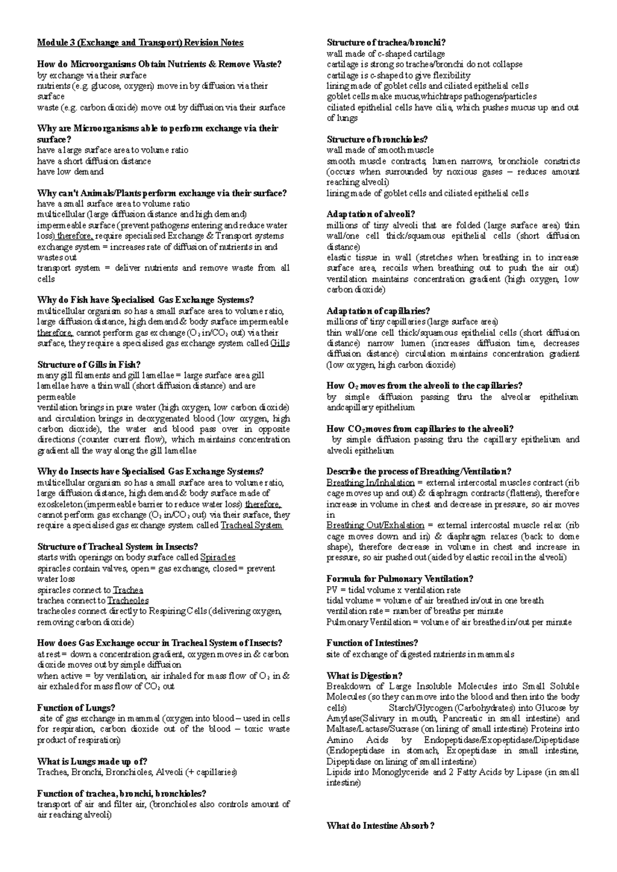 AQA Module 3 Revision Notes copy - Module 3 (Exchange and Transport ...