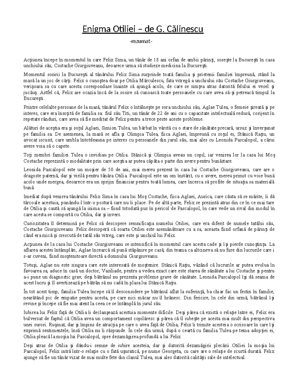 Enigma otiliei-rezumat - Enigma Otiliei – de G. Călinescu -rezumat- Ac ...
