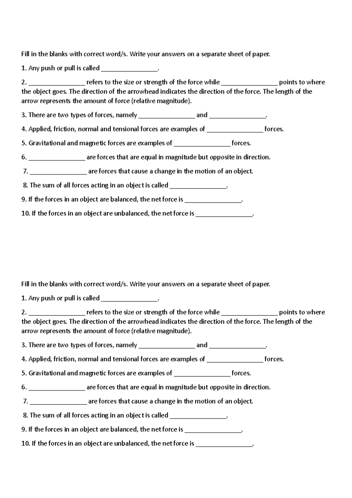 Force quiz - reviewer - Fill in the blanks with correct word/s. Write ...