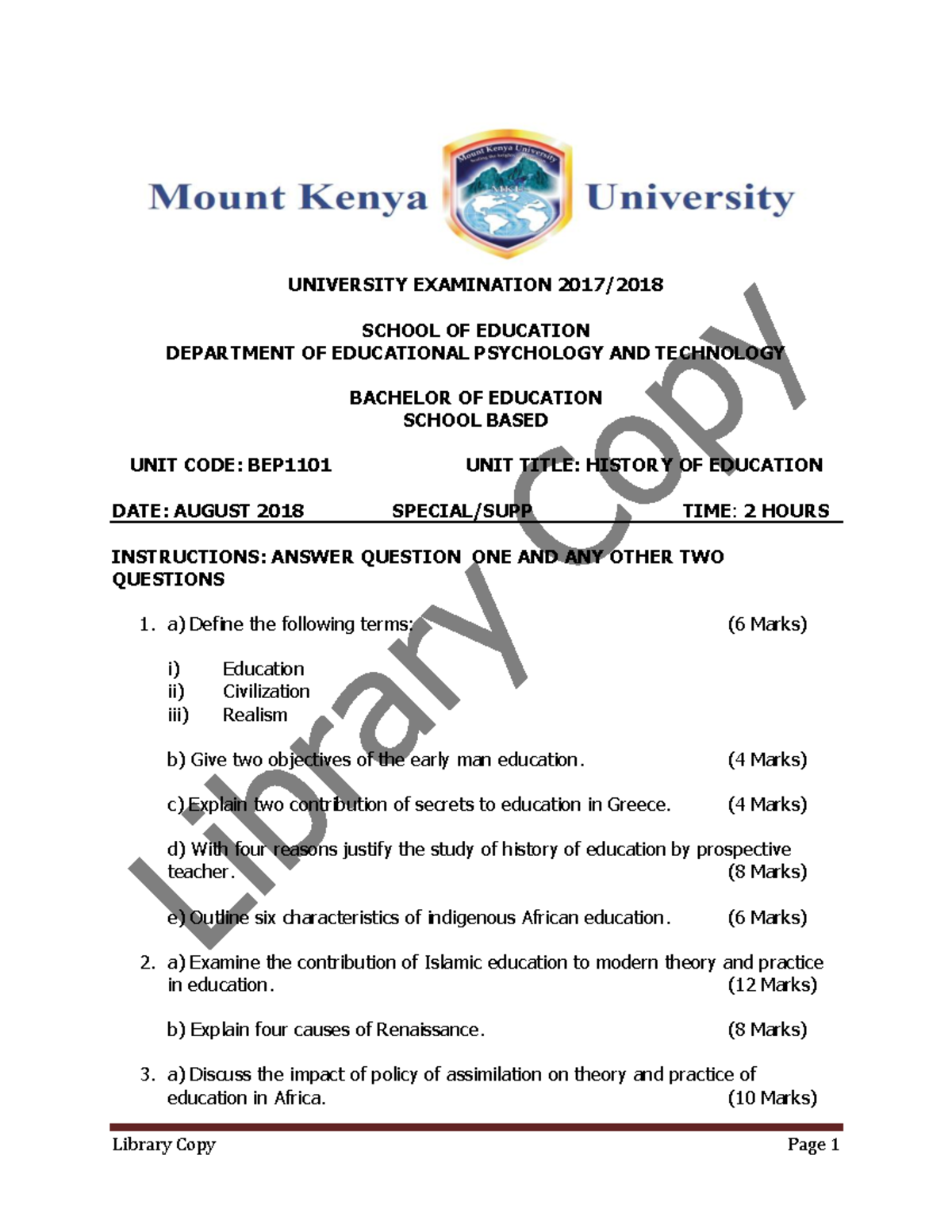 Bep1101 History Of Education Sb Supp Library Copy Page 1 University Examination 2017 School