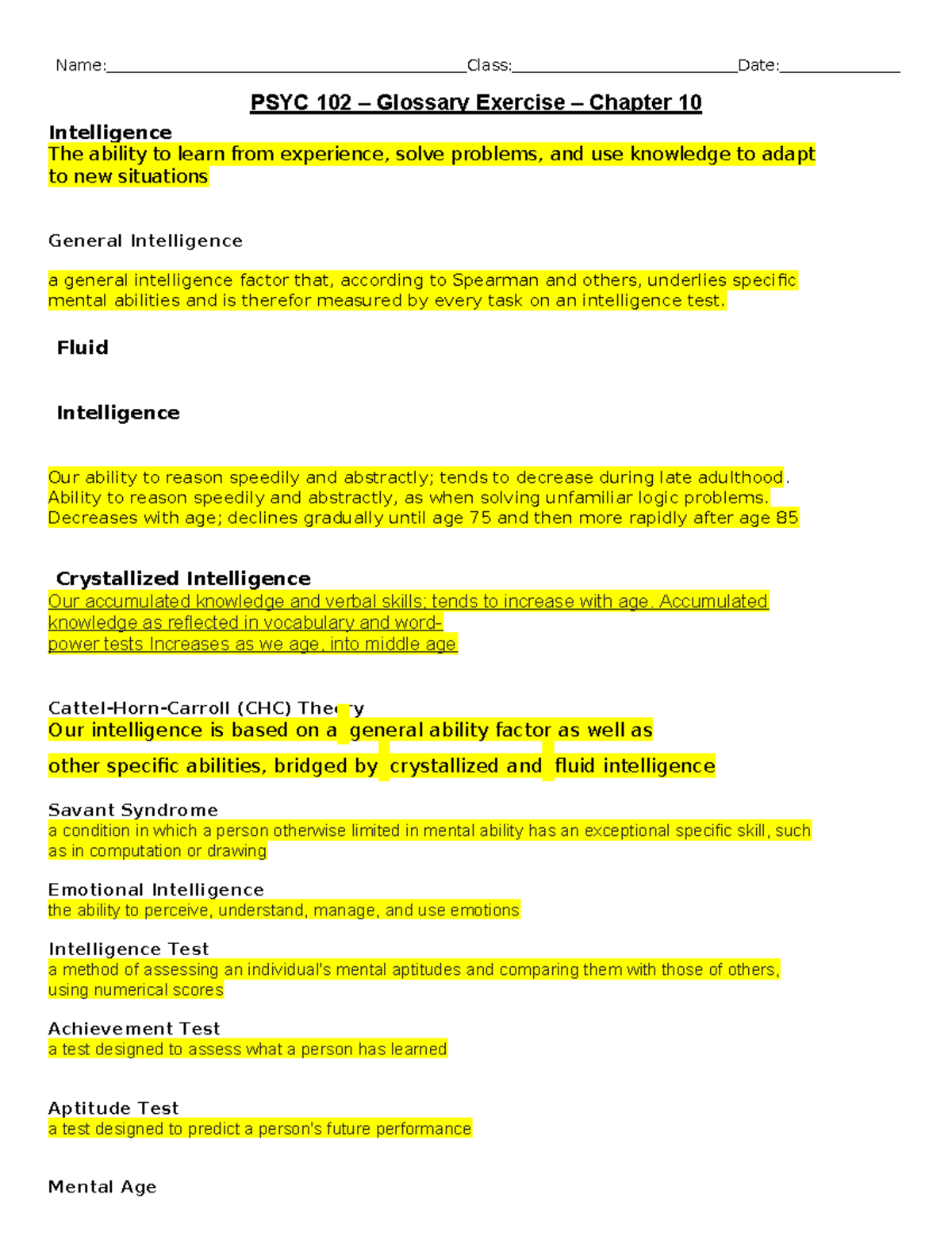 PSYC102-Glossary Exercise-Ch10 - Name: Class: Date: PSYC 102 – Glossary ...