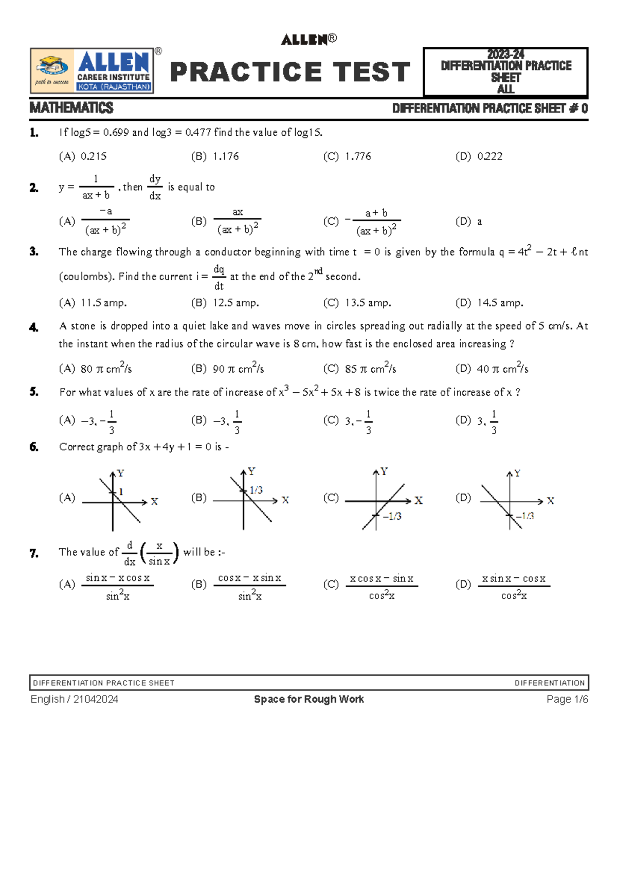 Differentiation Practice Sheet - PRACTICE TEST 2023- DIFFERENTIATION ...