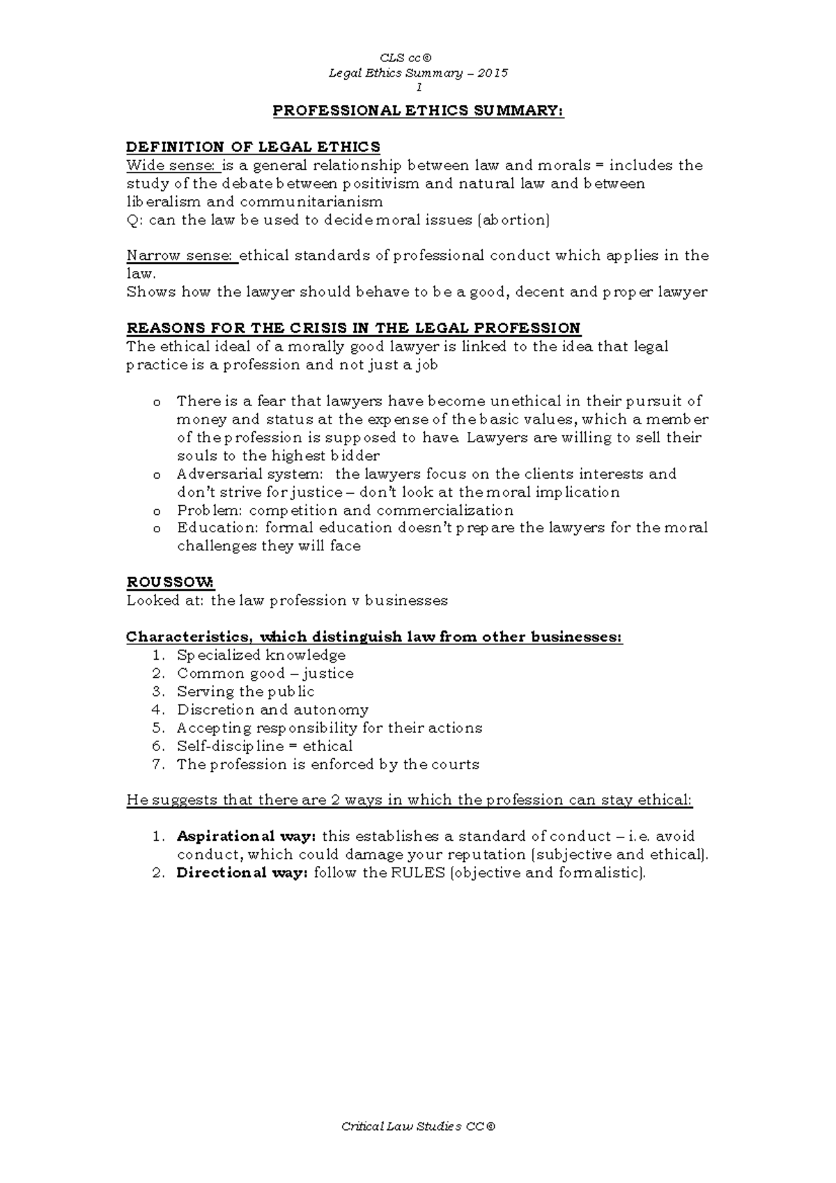 Ethics 6 Summary 2015 - Legal Ethics Summary – 2015 1 PROFESSIONAL ...