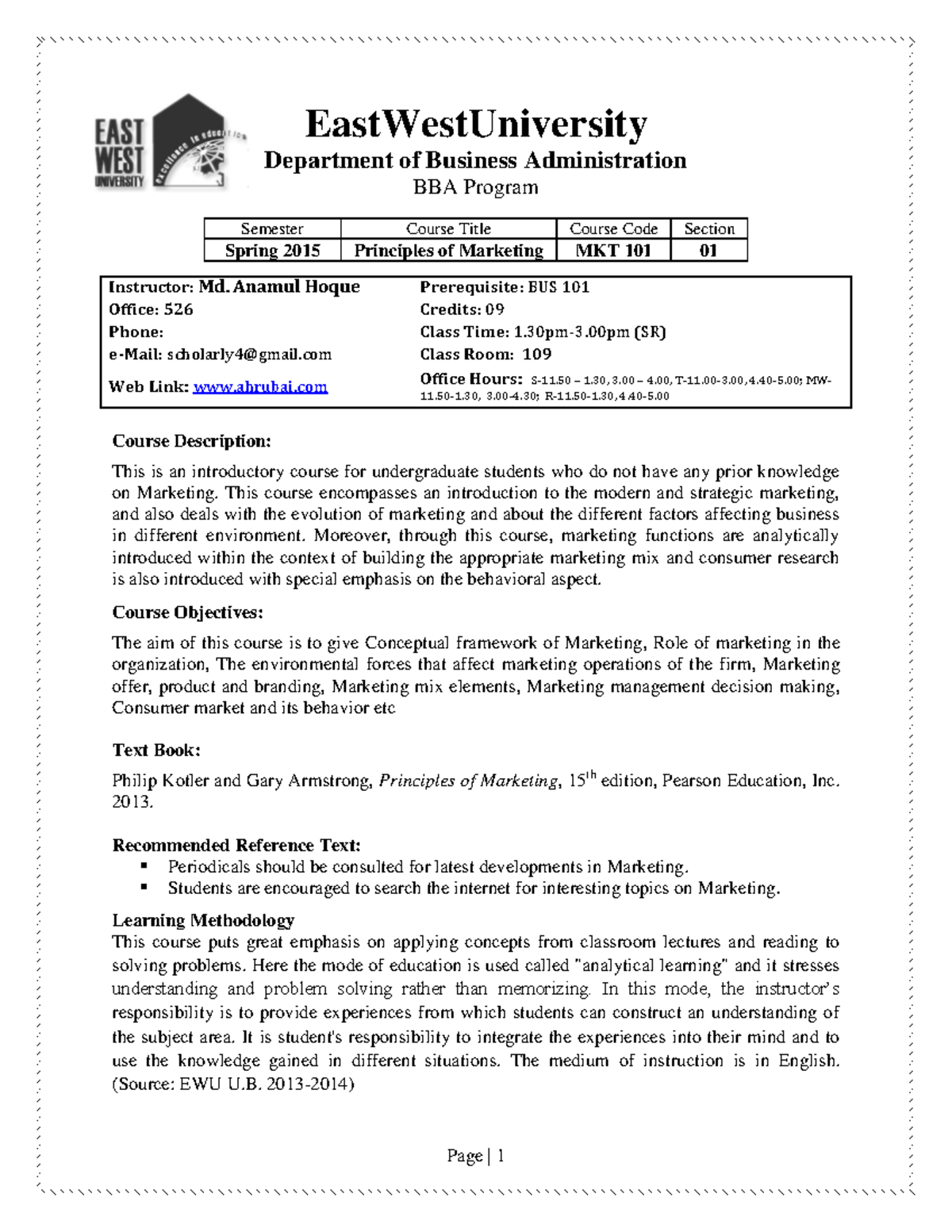 Outline Principles of Marketing - EastWestUniversity Department of ...