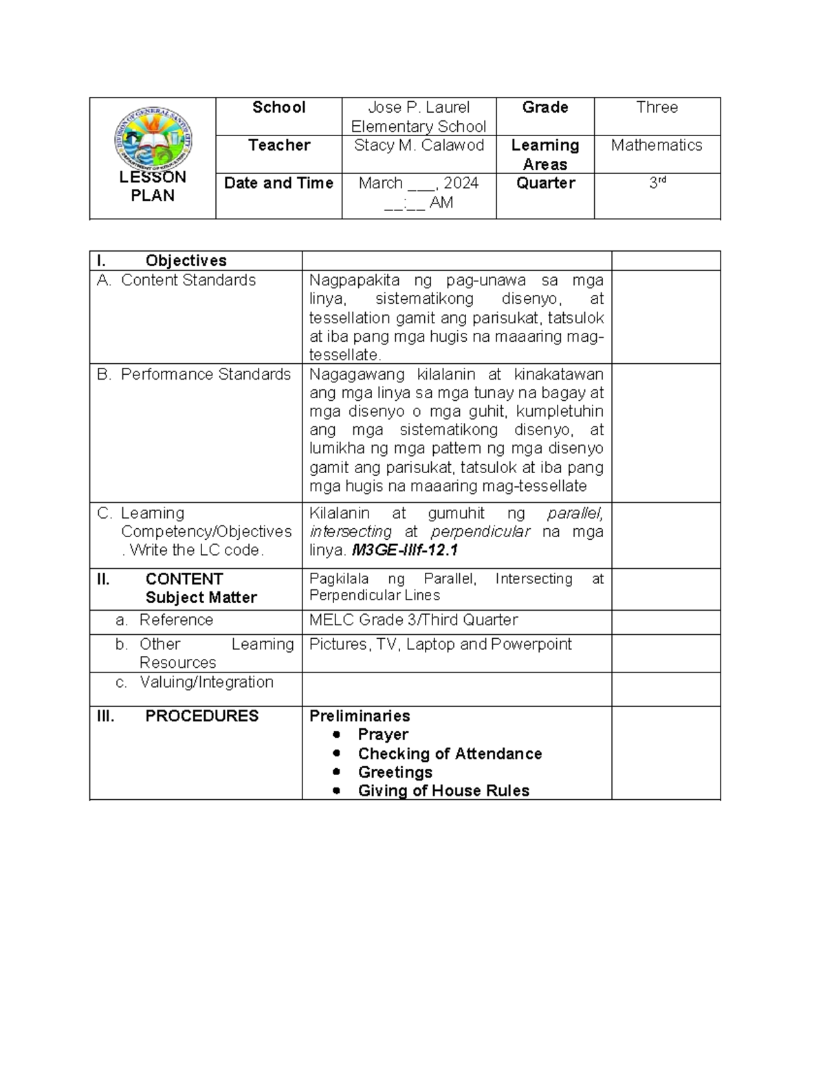 Math3 - LESSON PLAN School Jose P. Laurel Elementary School Grade Three ...