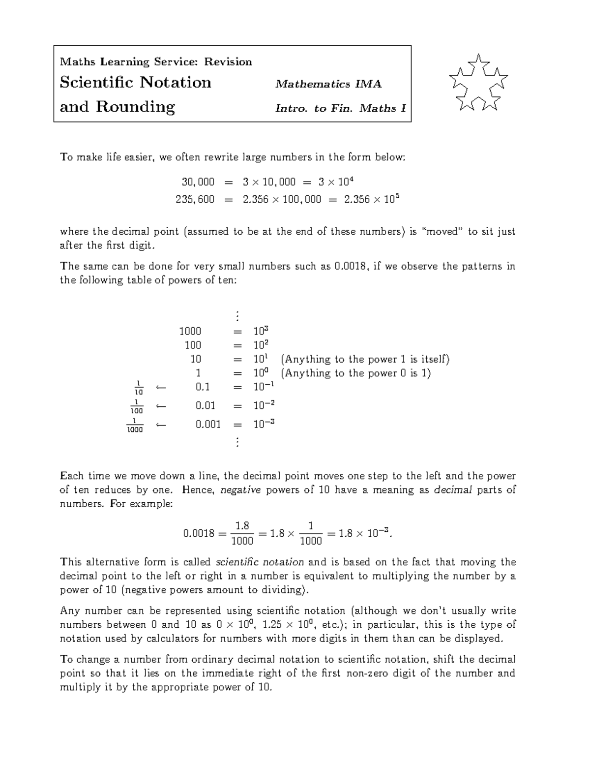 Lecture notes, lecture scinotrounding - Maths Learning Service ...