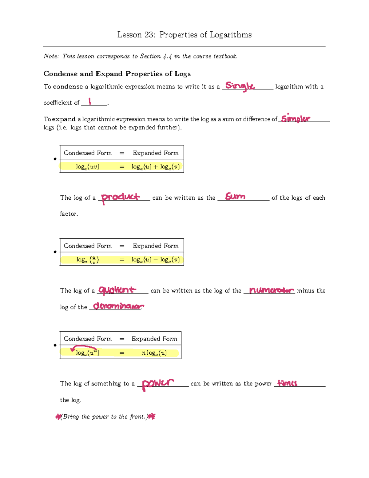 M119 Note-Taking Guide Lesson 23 (JRS) - Lesson 23: Properties of ...